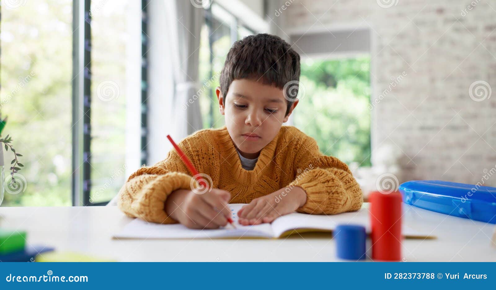 Student, Drawing or Child Writing Homework on Notebook in Kindergarten ...
