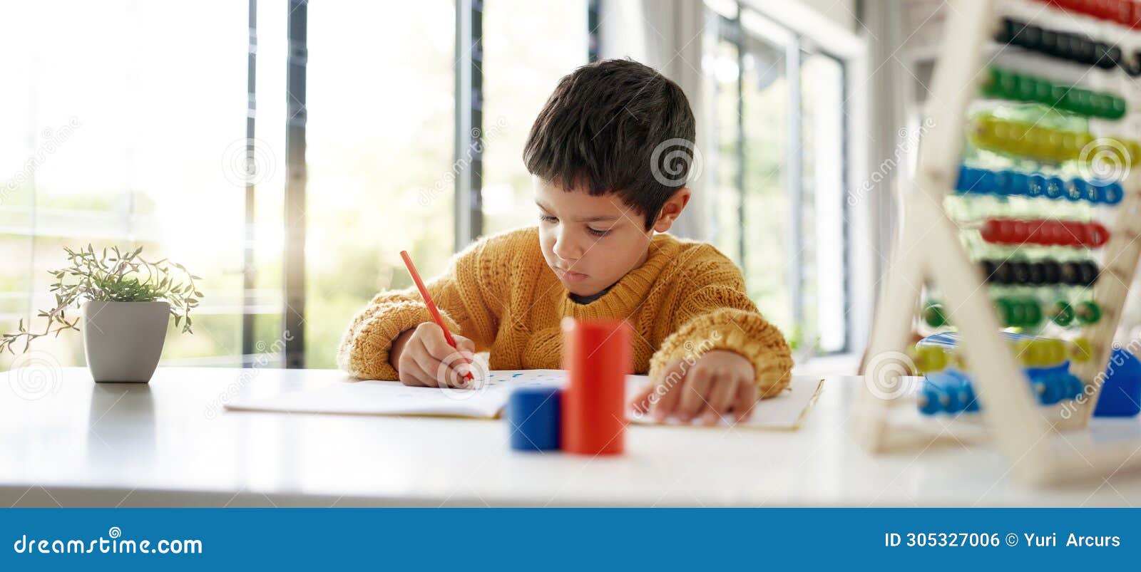 Student, Drawing or Child Writing Homework on Notebook in Kindergarten ...