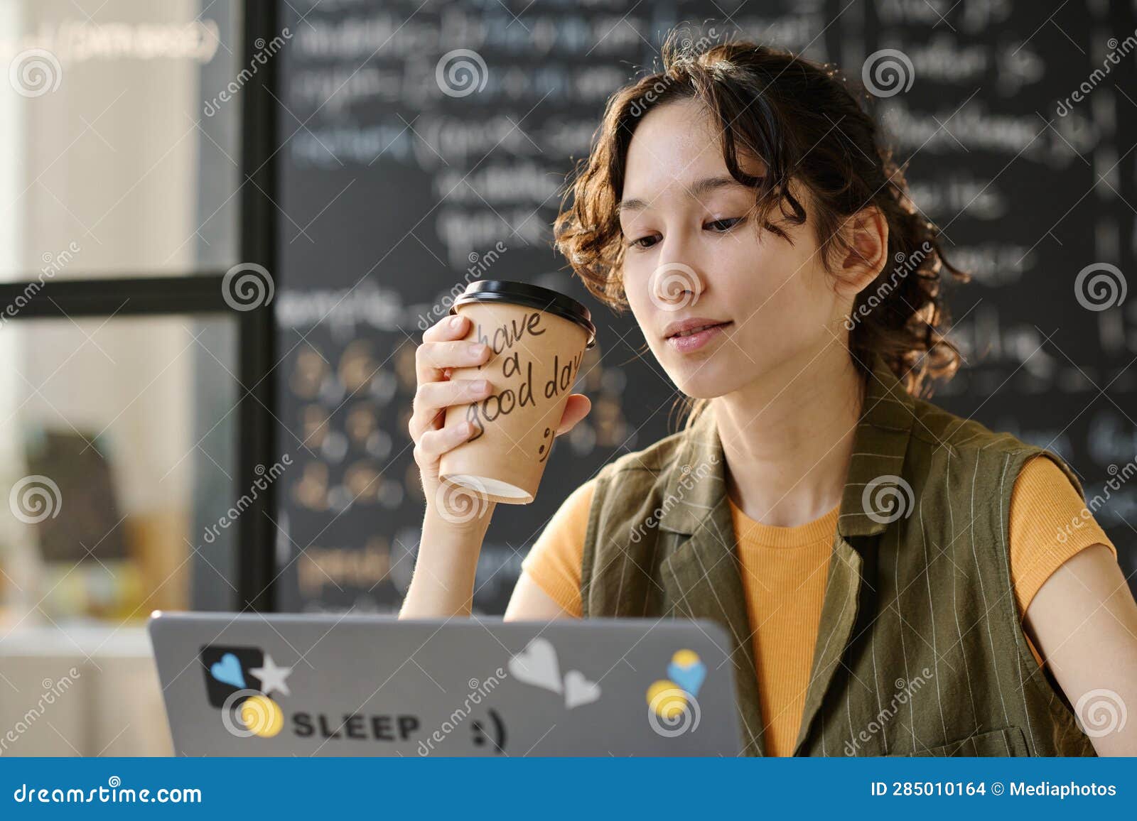 Student Drinking Coffee during Online Lesson Stock Photo - Image of ...