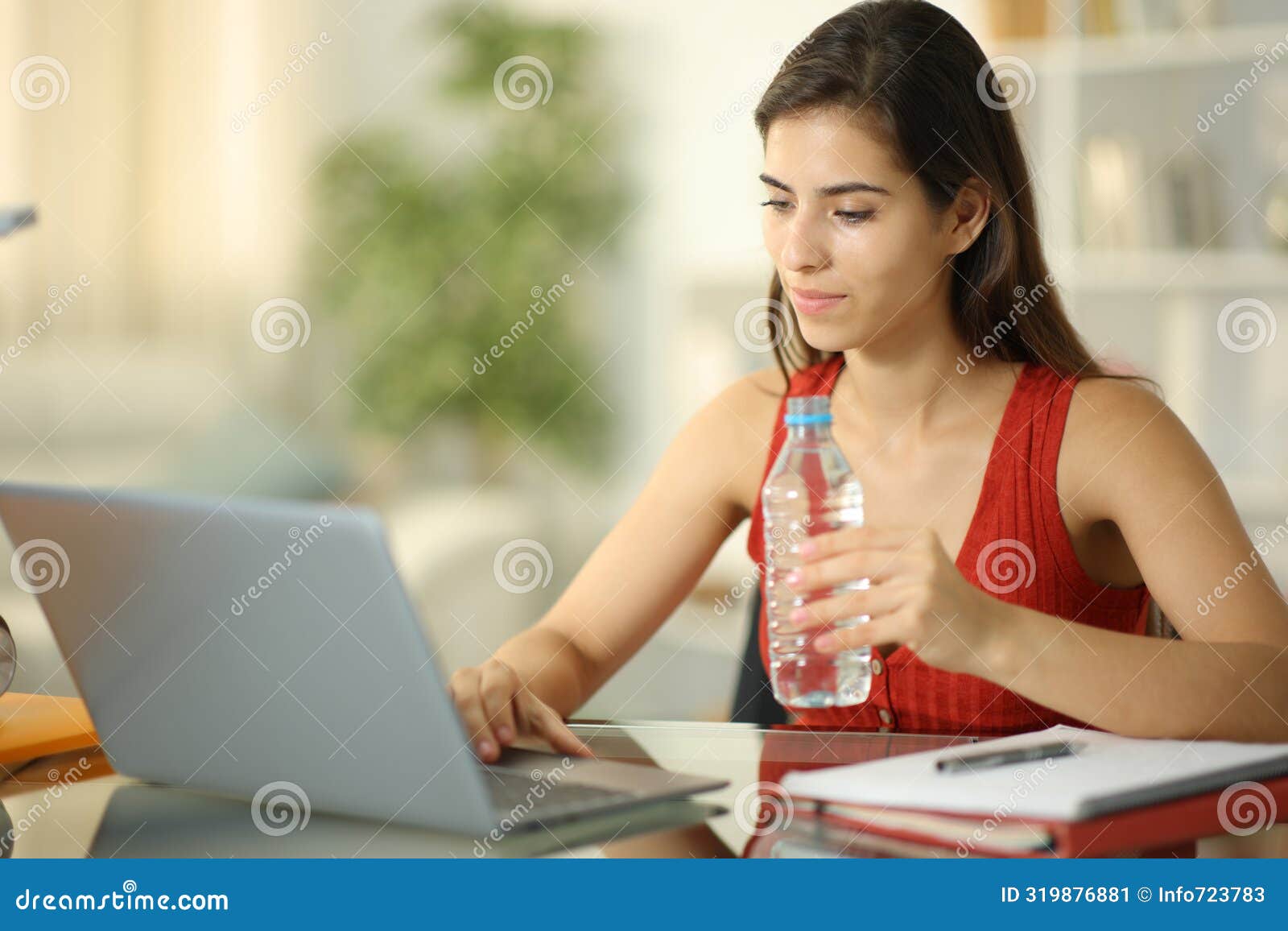 Student Drinking Water from Bottle at Home Stock Image - Image of ...