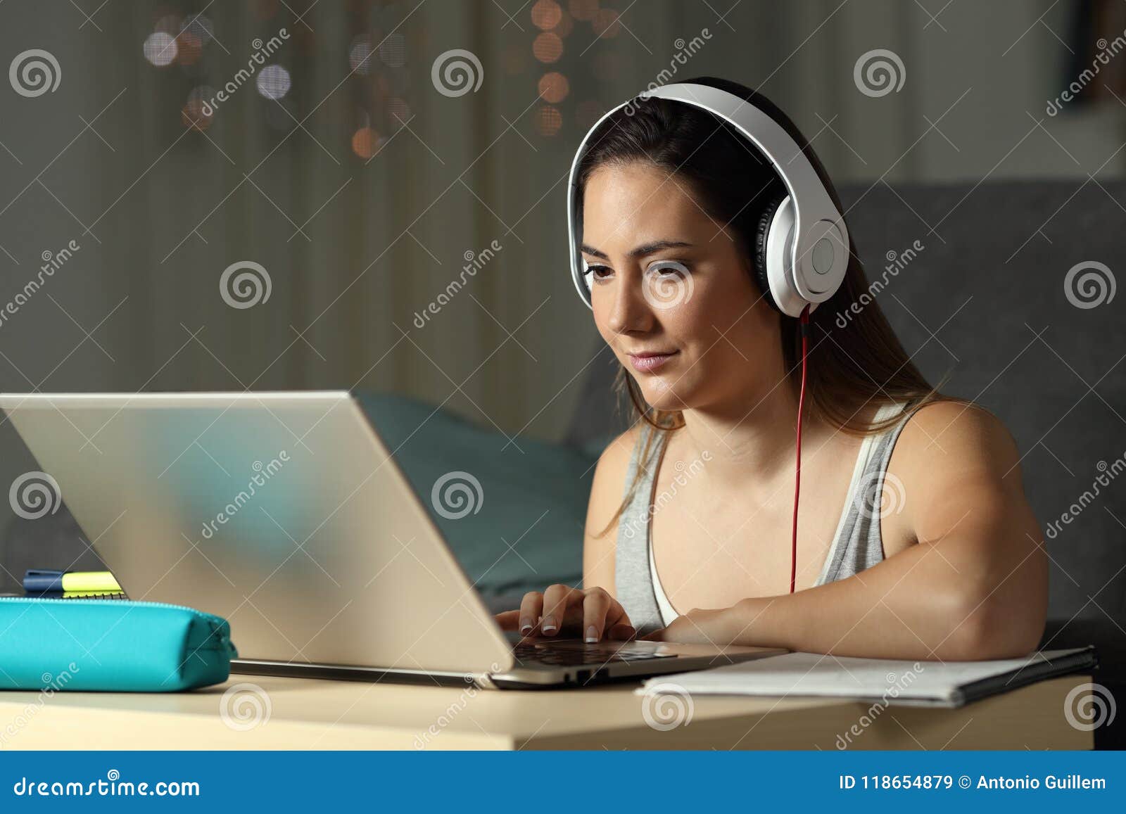 Student Elearning Watching Online Tutorials in the Night Stock Image ...