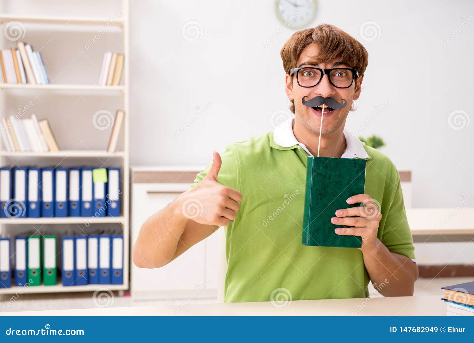 The Student with Fake Moustache Reading Book Stock Image - Image of ...