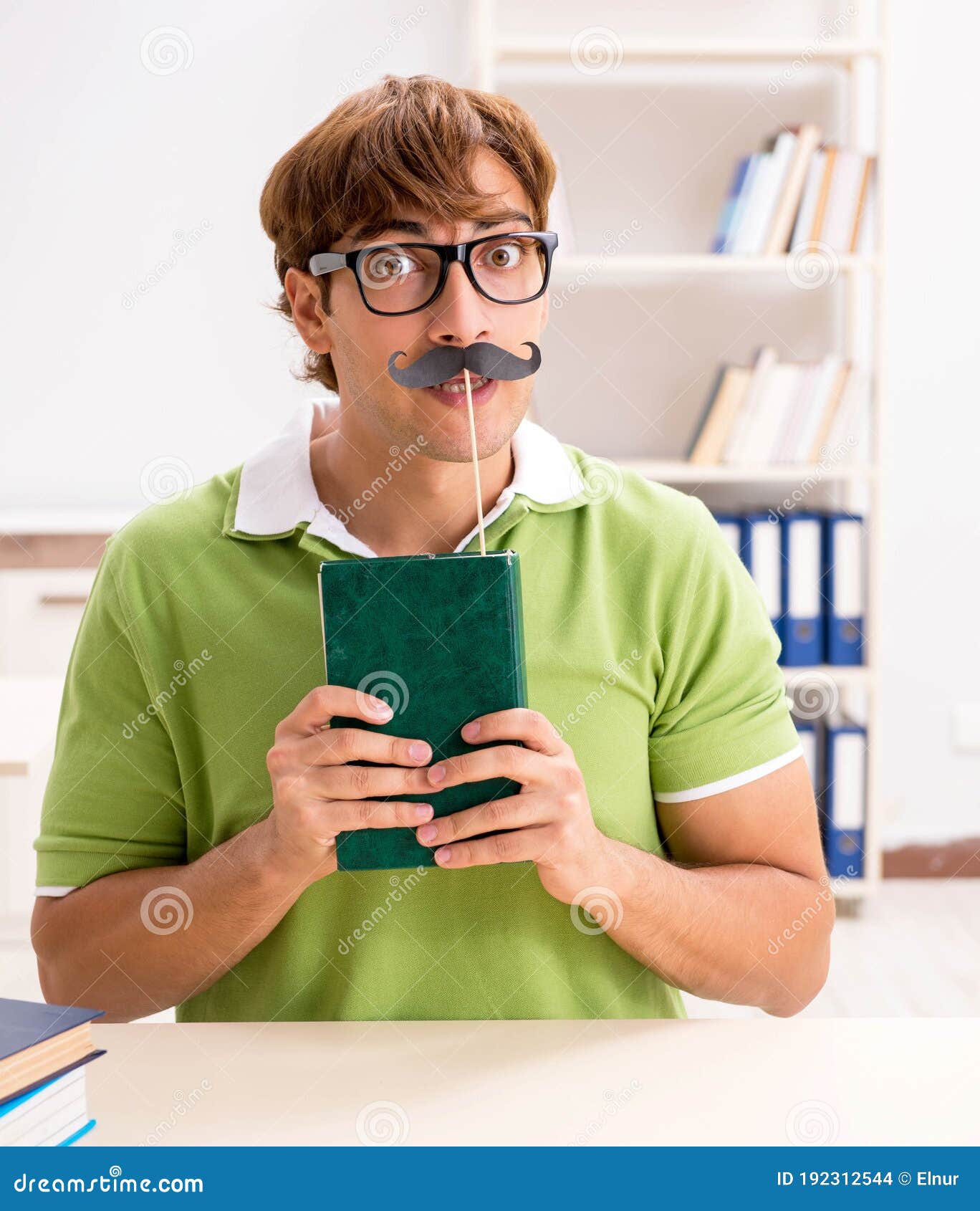 Student with Fake Moustache Reading Book Stock Photo - Image of fool ...
