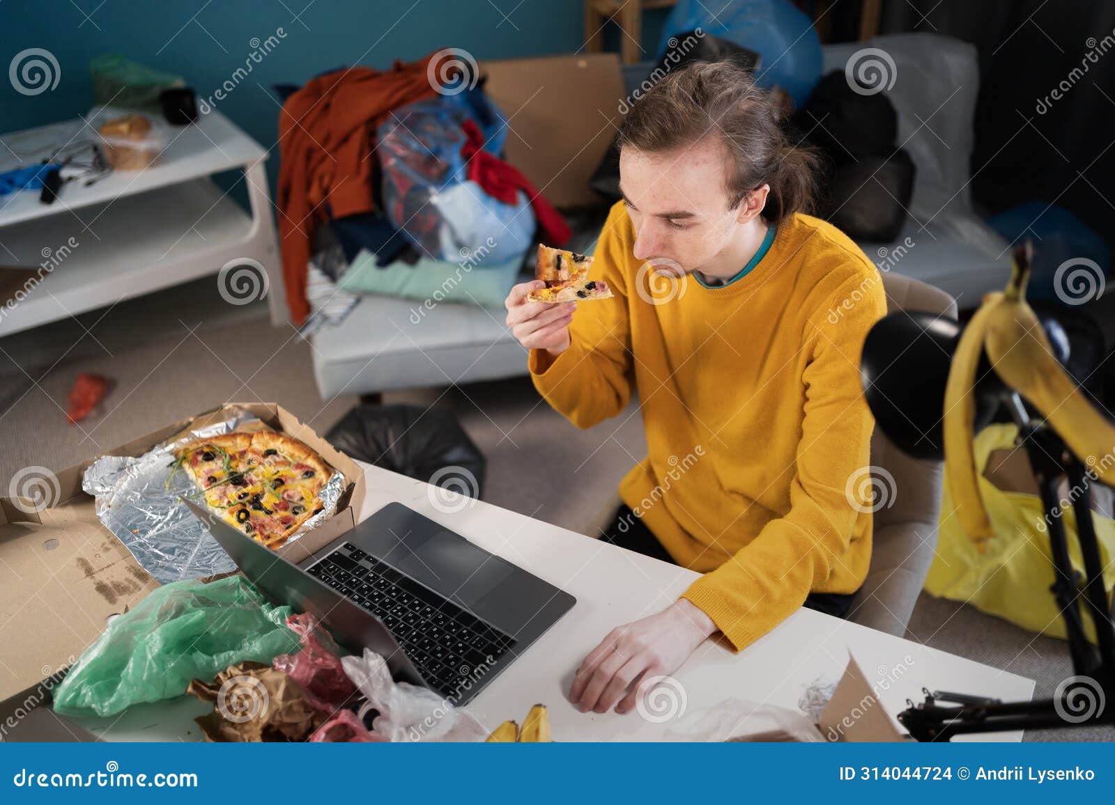 Student or Freelancer Working and Studying in Very Messy, Cluttered ...