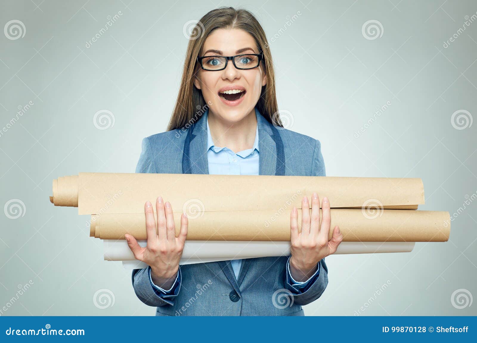 Student Girl Architect Holding Blueprints Shocked by Exams. Stock Photo ... Student Girl Architect Holding Blueprints Shocked by Exams. Stock Photo ...