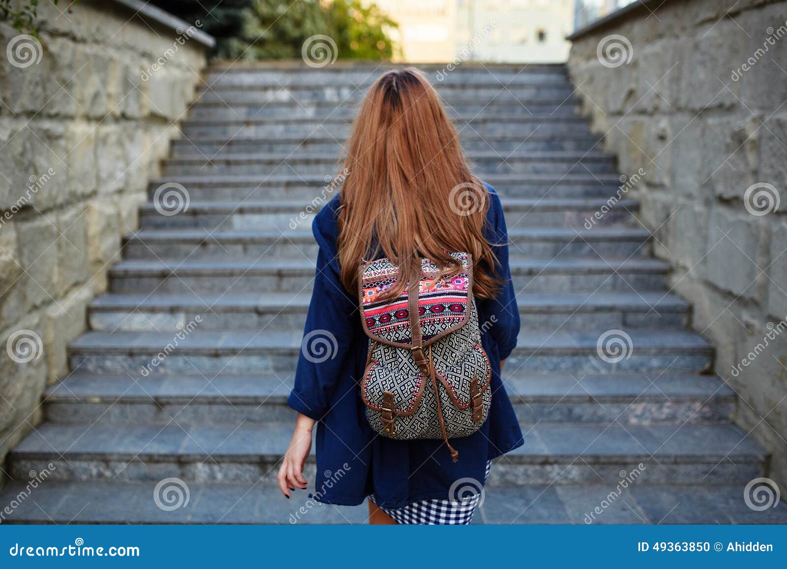 Student Girl with a Backpack Climbing Stairs Stock Photo - Image of ...