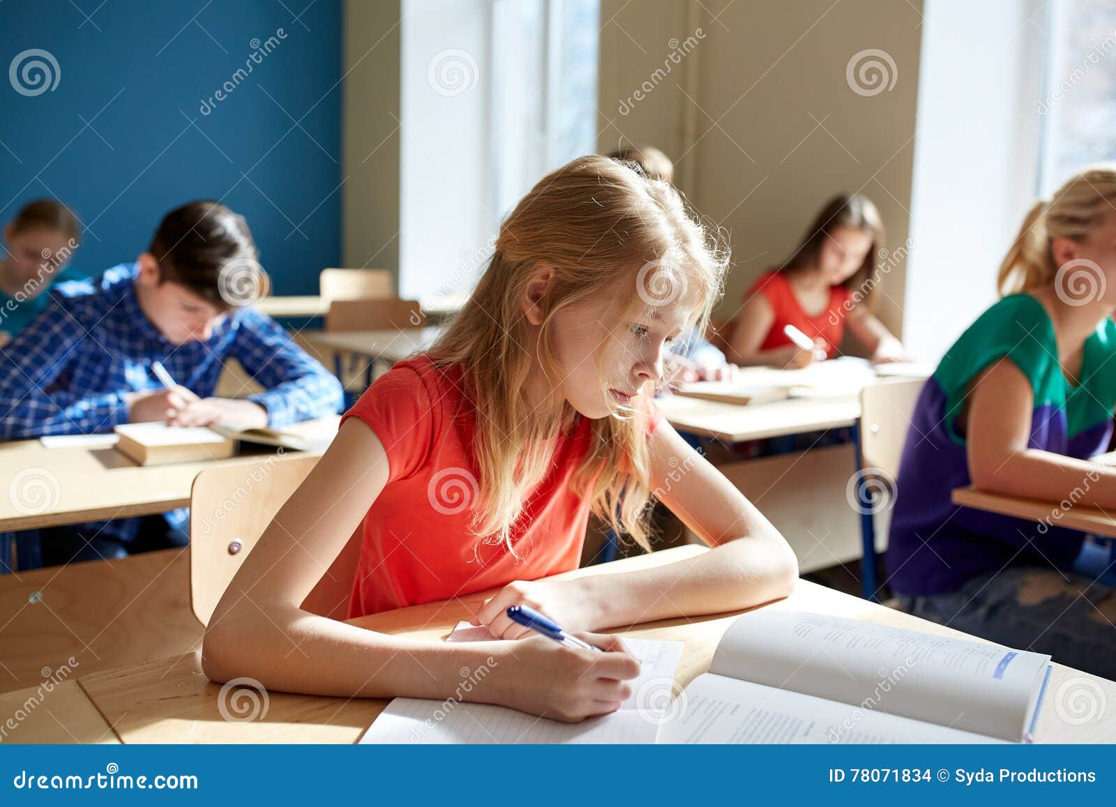 Student Girl with Book Writing School Test Stock Photo - Image of ...