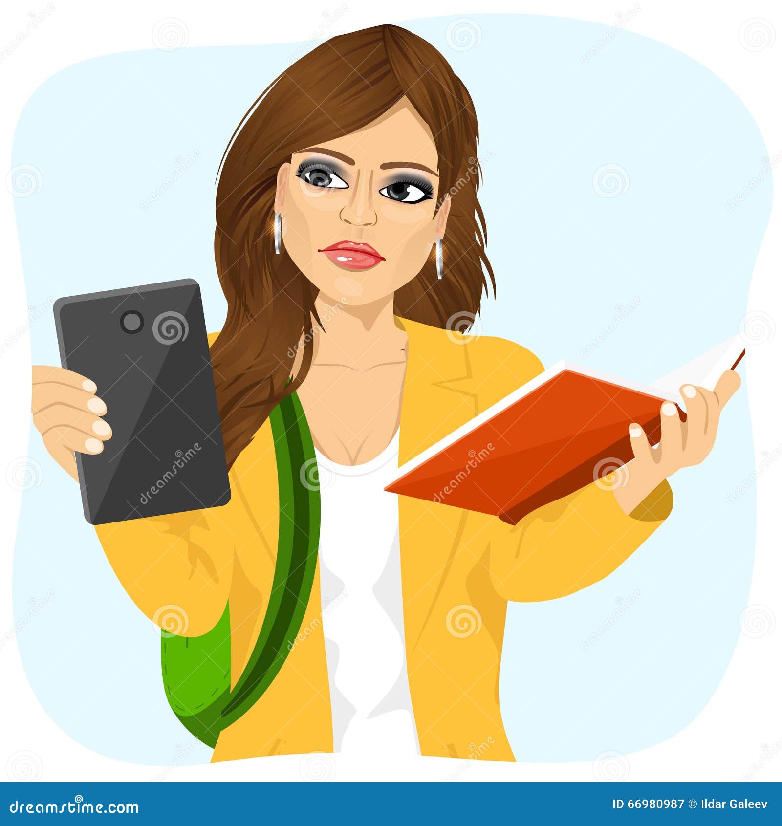 Student Girl Choosing between Tablet and Books Stock Vector ...