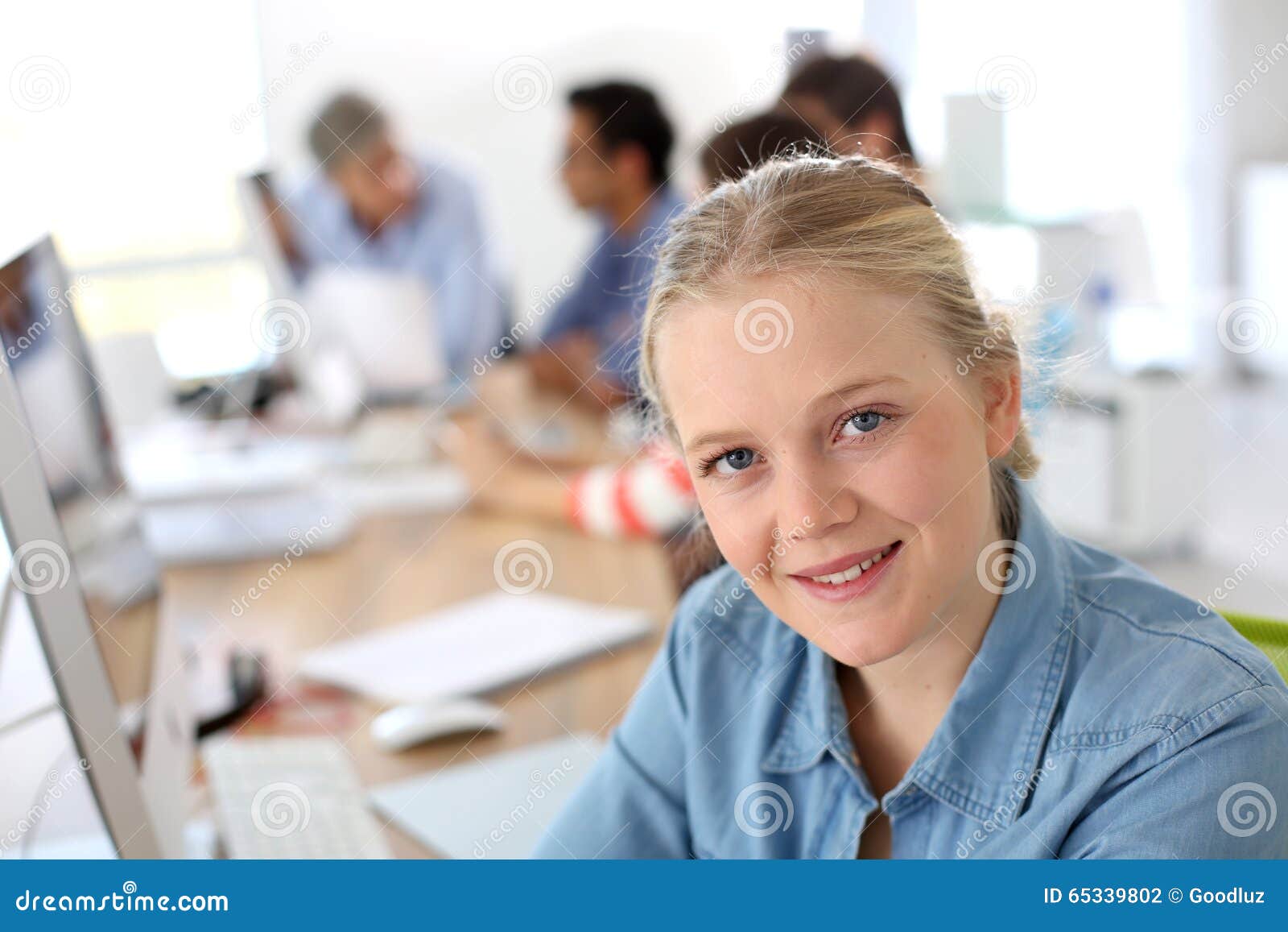 Student Girl in Classroom Working on Desktop Stock Photo - Image of ...