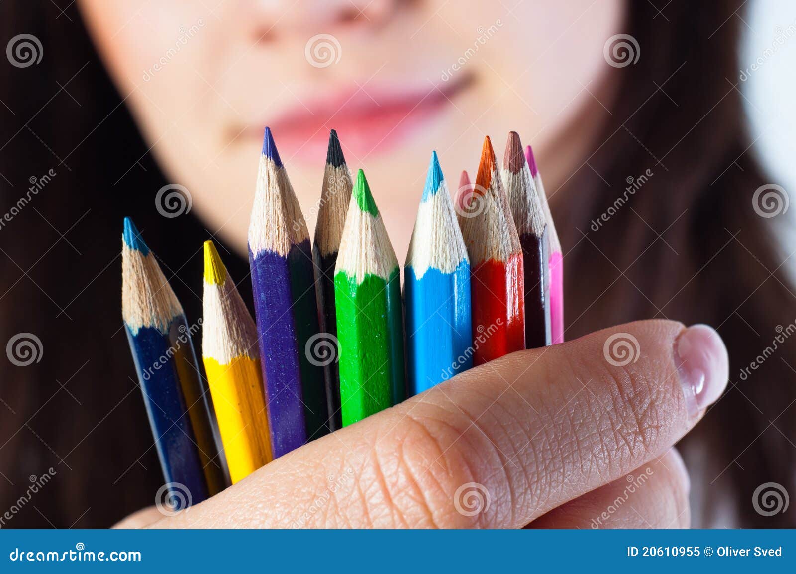 Student Girl with Colored Pencils Stock Image - Image of concept, face ...