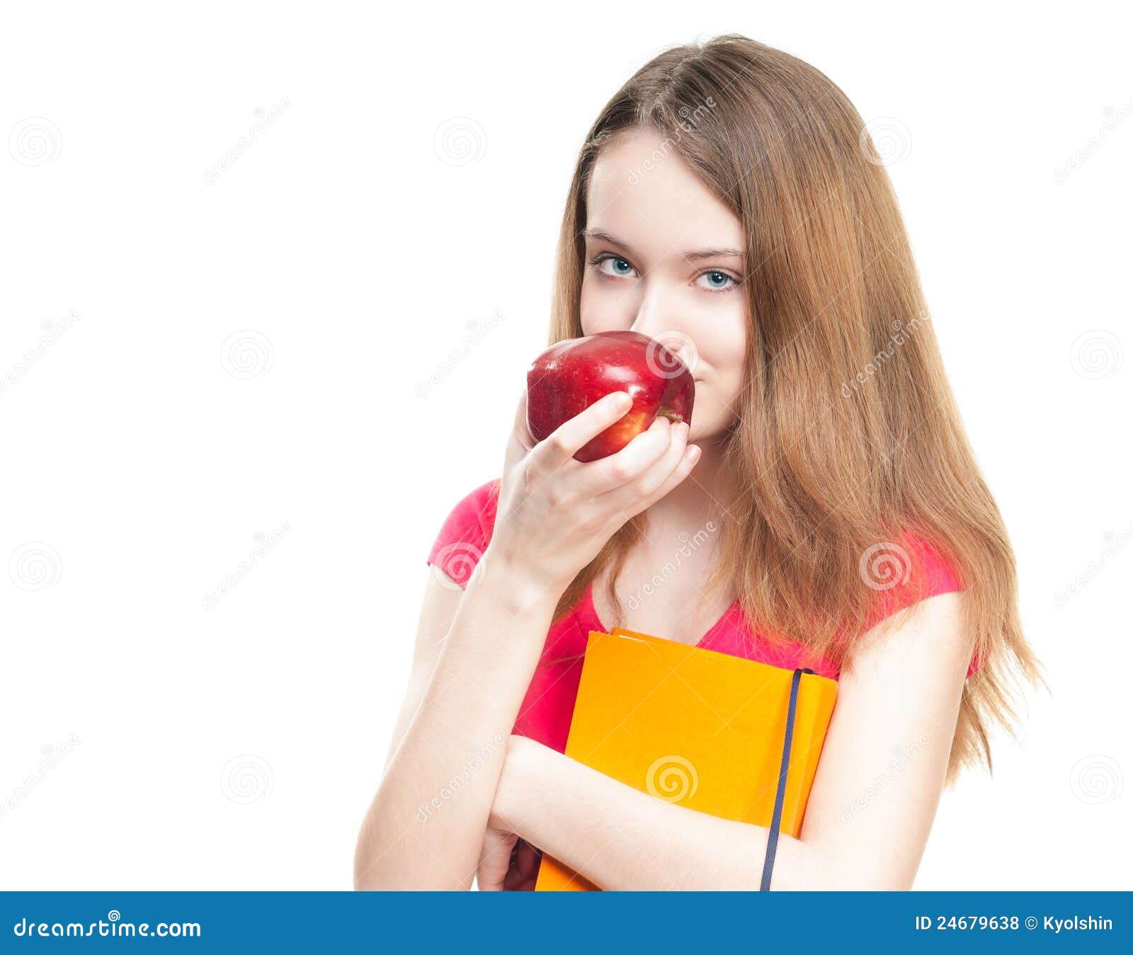 Student girl eating apple. stock photo. Image of pose - 24679638