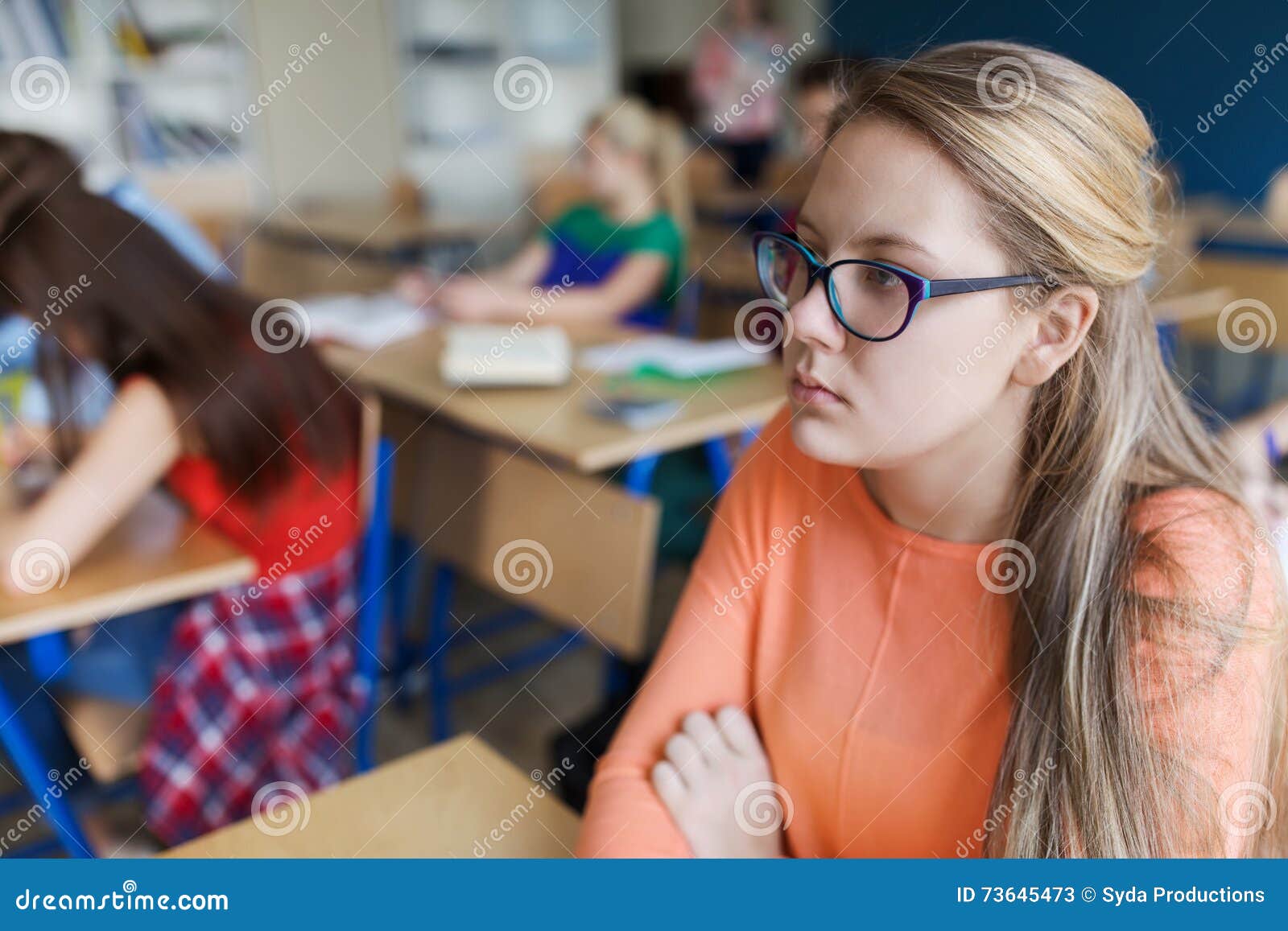 Student Girl in Eyeglasses at School Lesson Stock Image - Image of ...