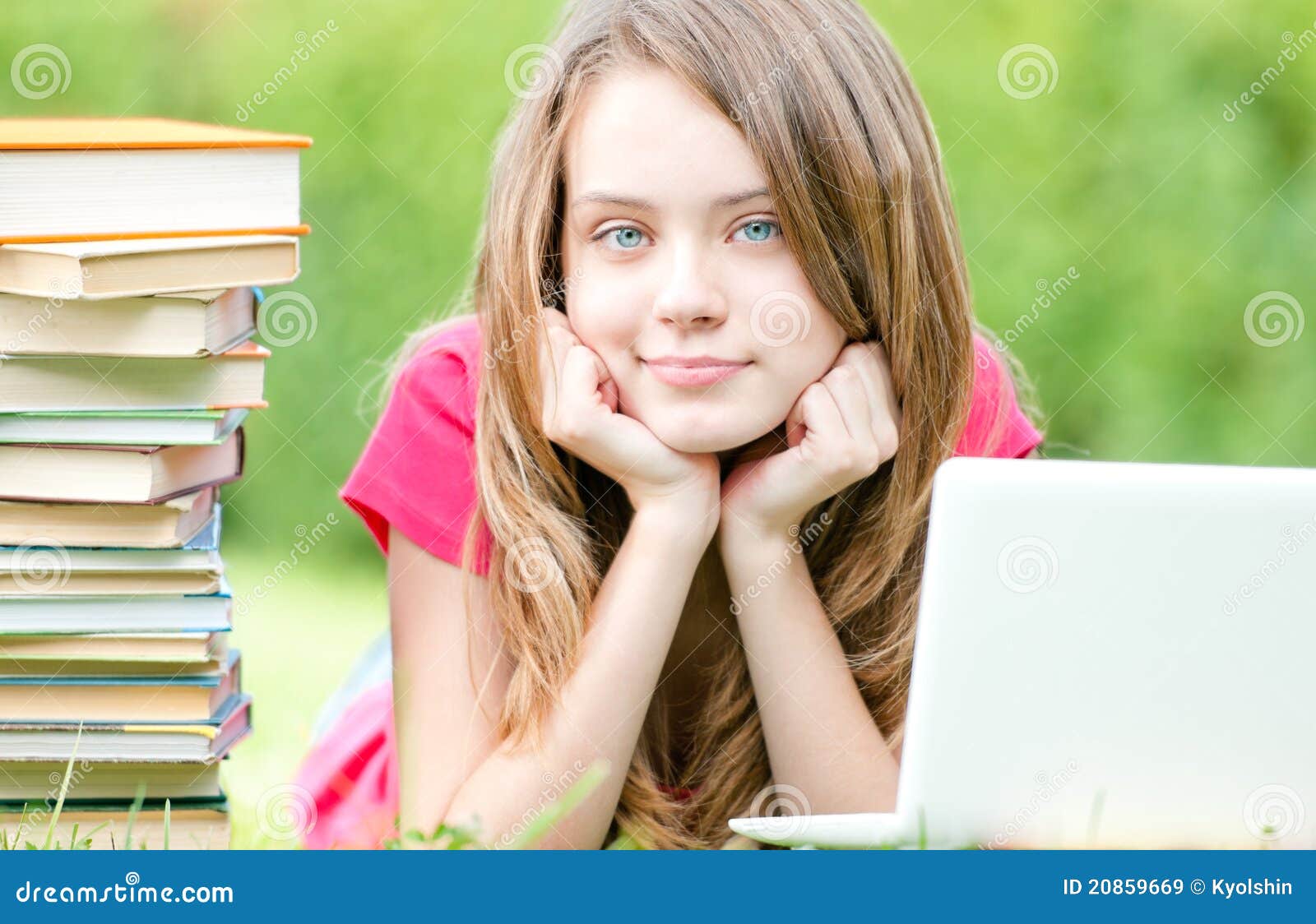 Student Girl on Grass with Laptop Computer Stock Image - Image of ...