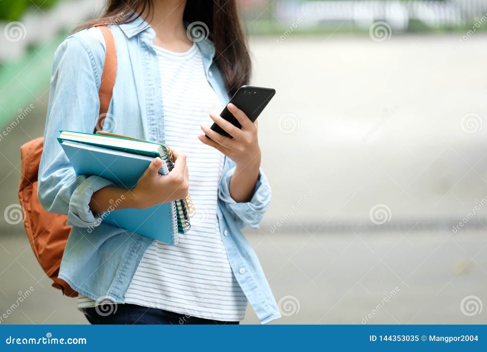 Student Girl Holding Books and Using Smartphone, Online Education ...