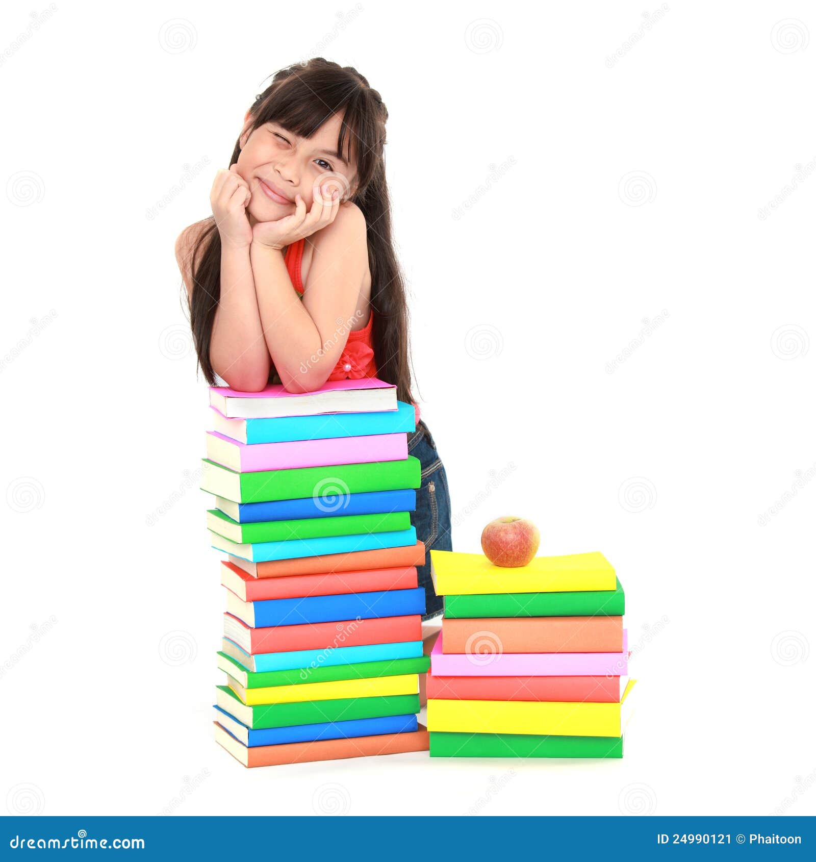 Student Girl Leaning on Pile of Books Stock Image - Image of girl ...