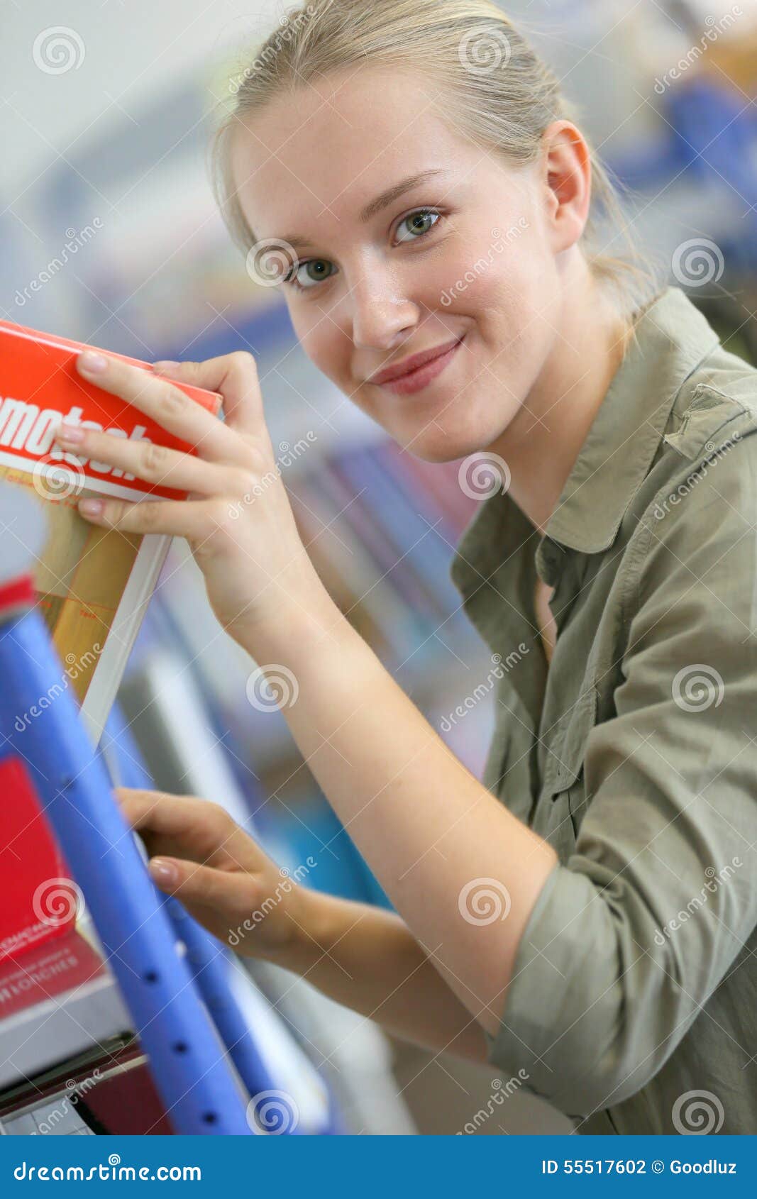 Student Girl in Library Picking Up Books Stock Photo - Image of young ...