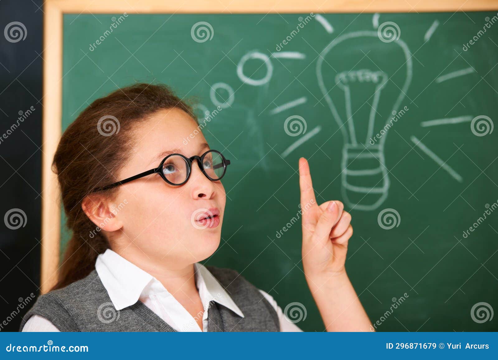 Student, Girl and Lightbulb for Solution on Chalkboard, Learning and ...