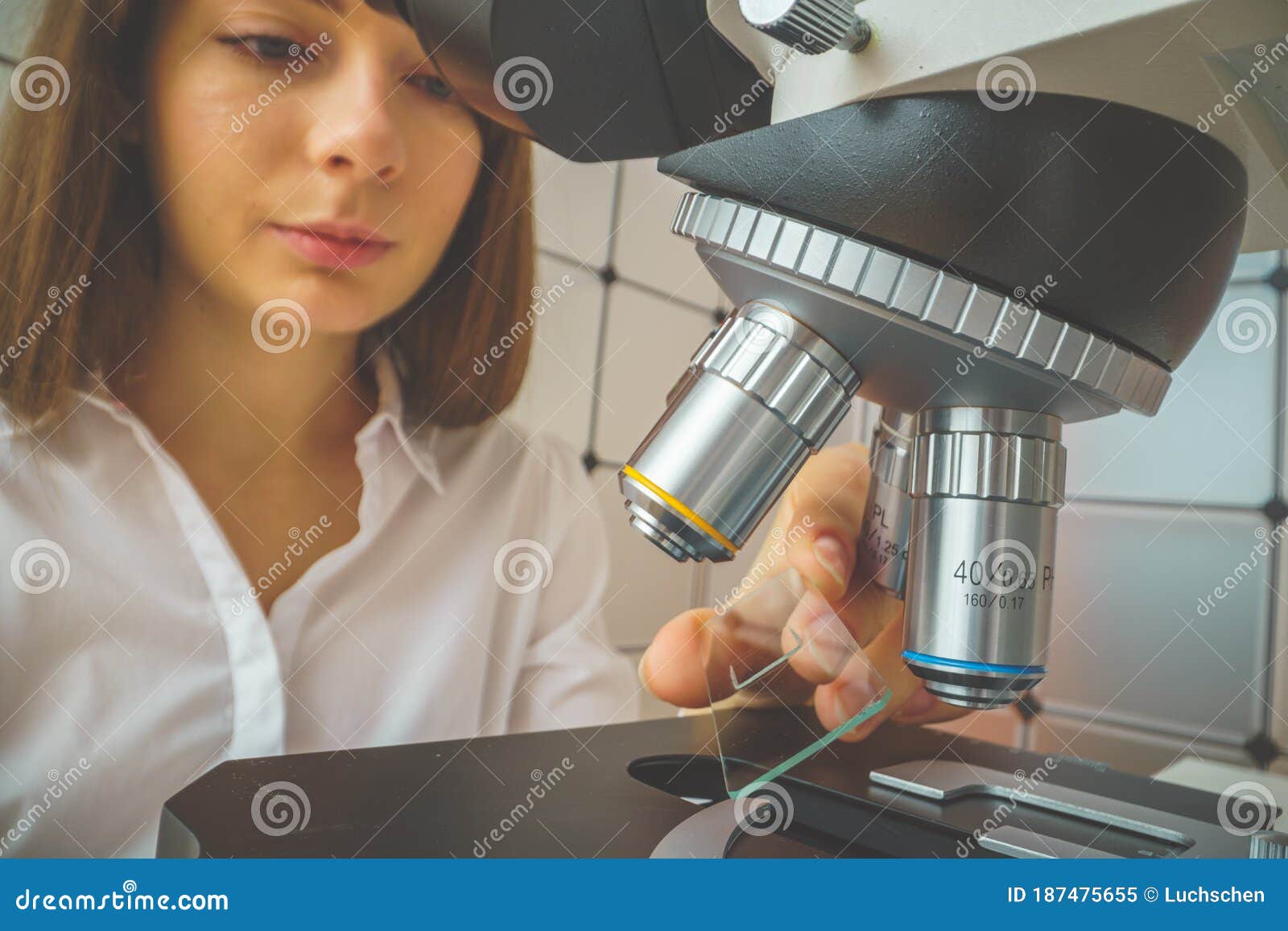 Student Girl Looking in a Microscope, Science Laboratory Concept Stock ...