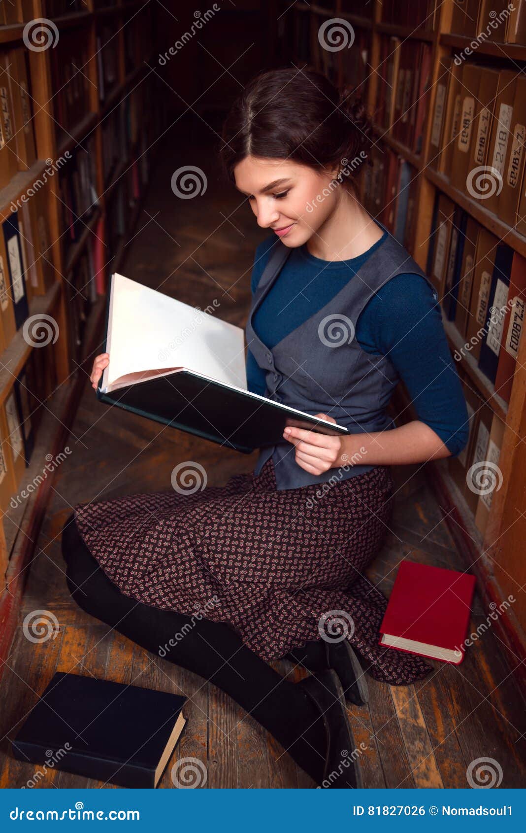 Student Girl with Open Book in University Library. Stock Photo - Image ...