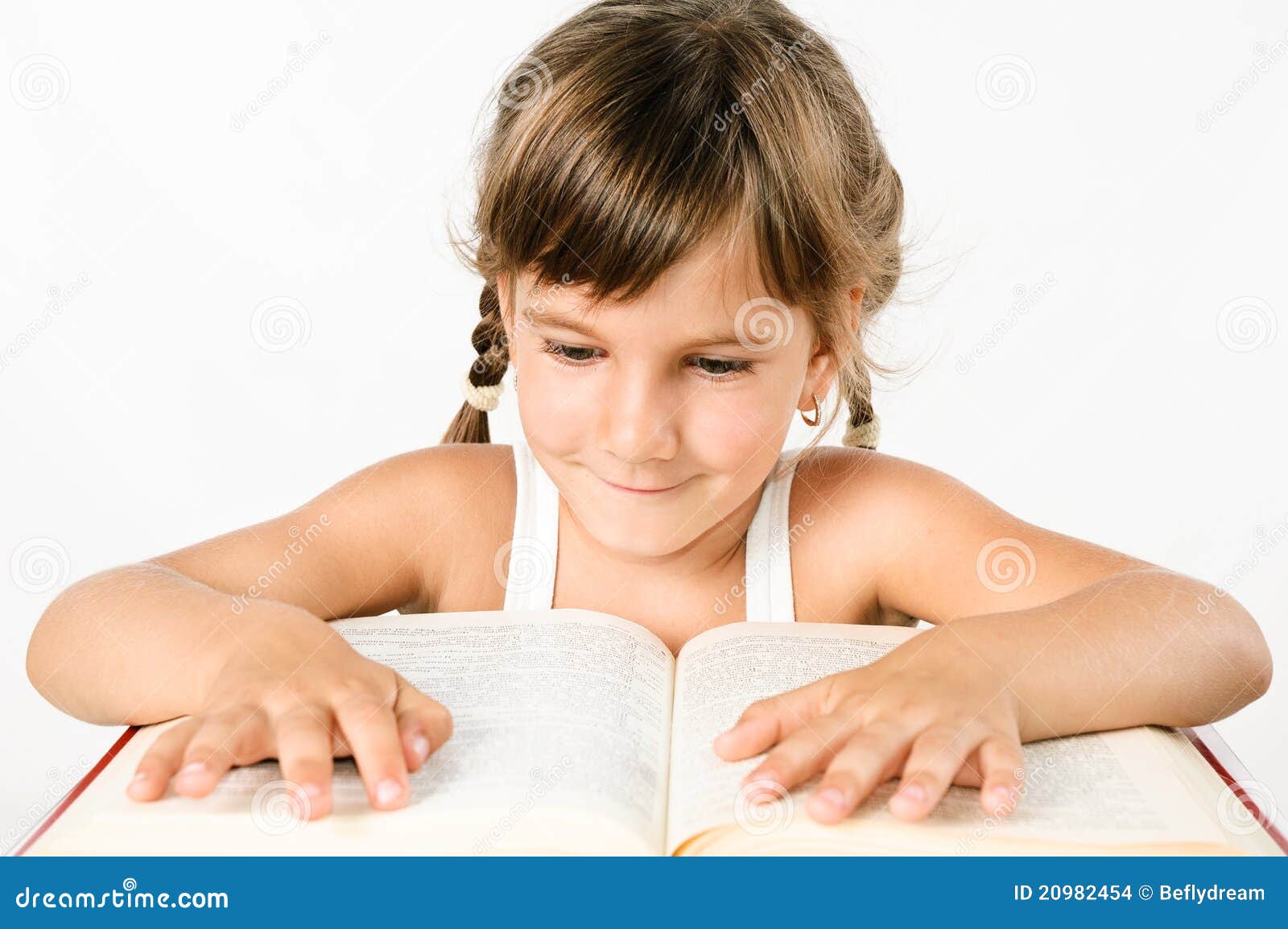 Student Girl Reading a Big Book Isolated on White Stock Photo - Image ...