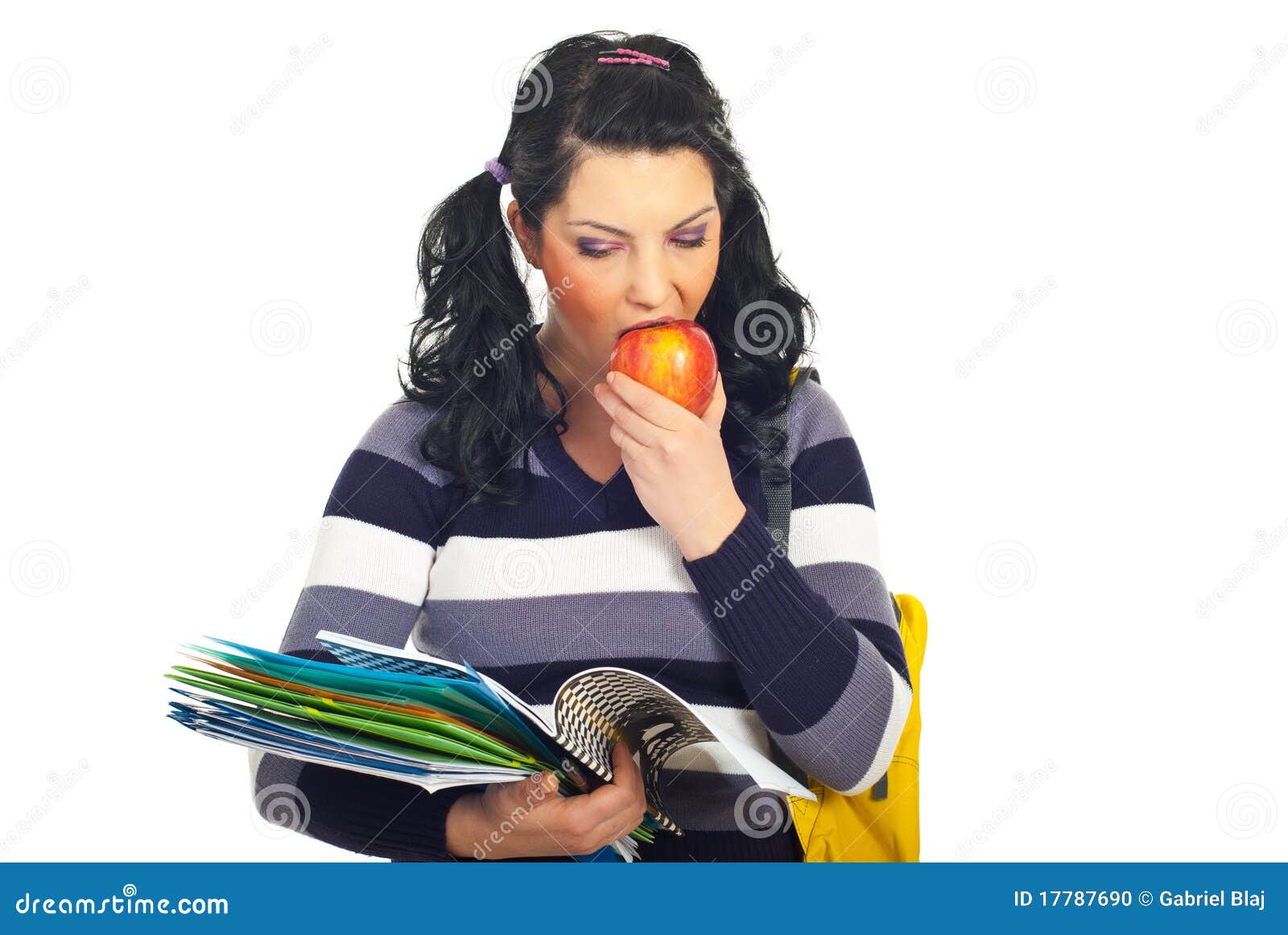 Student Girl Reading and Eating Apple Stock Photo - Image of girl ...