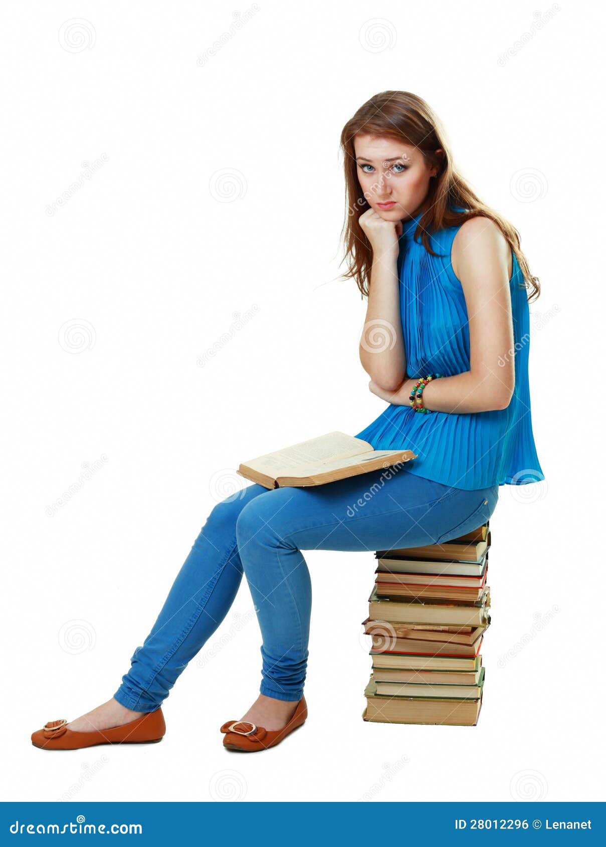 Student Girl Sitting on Pile of Books Stock Photo - Image of research ...