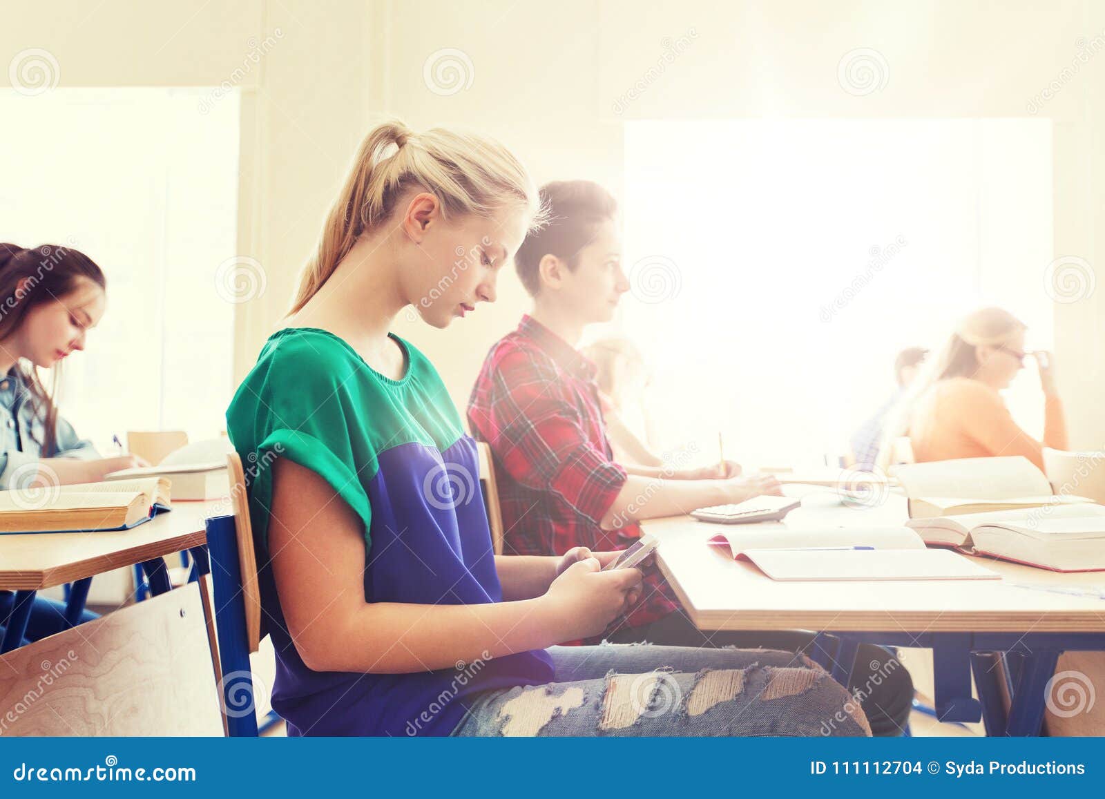 Student Girl with Smartphone Texting at School Stock Photo - Image of ...