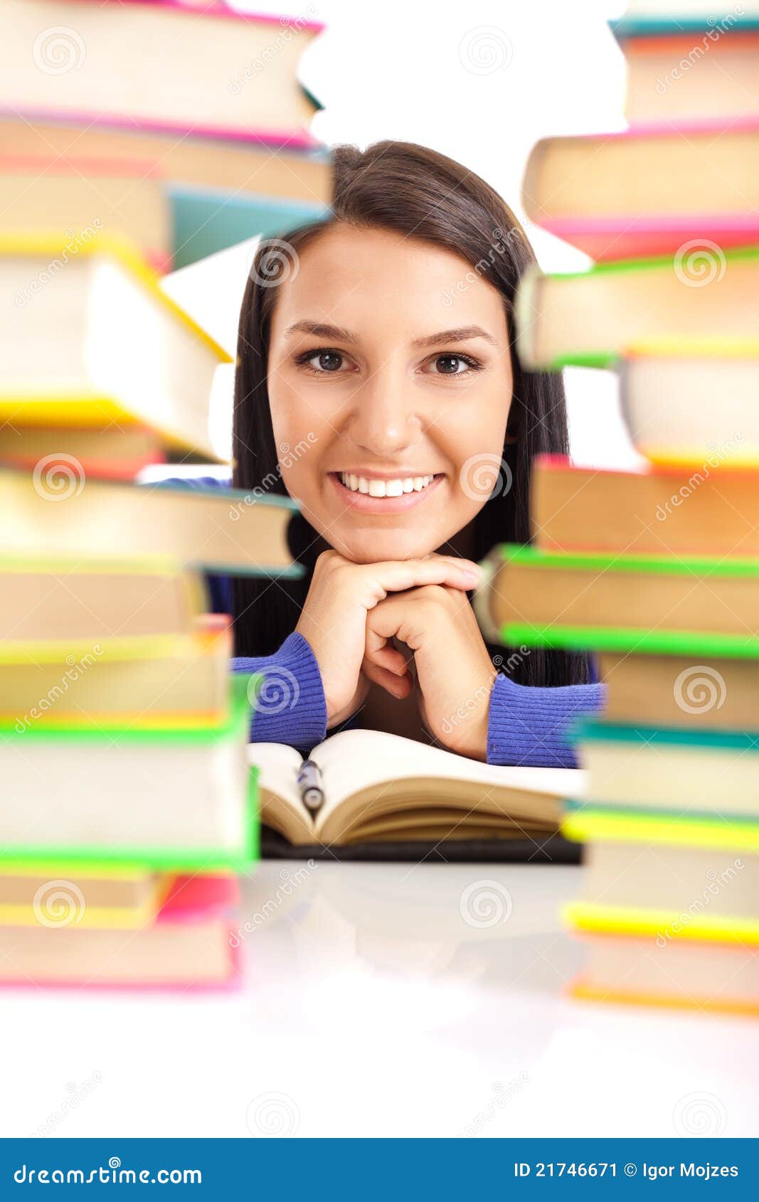 Student Girl between Stack of Books Stock Image - Image of learning ...