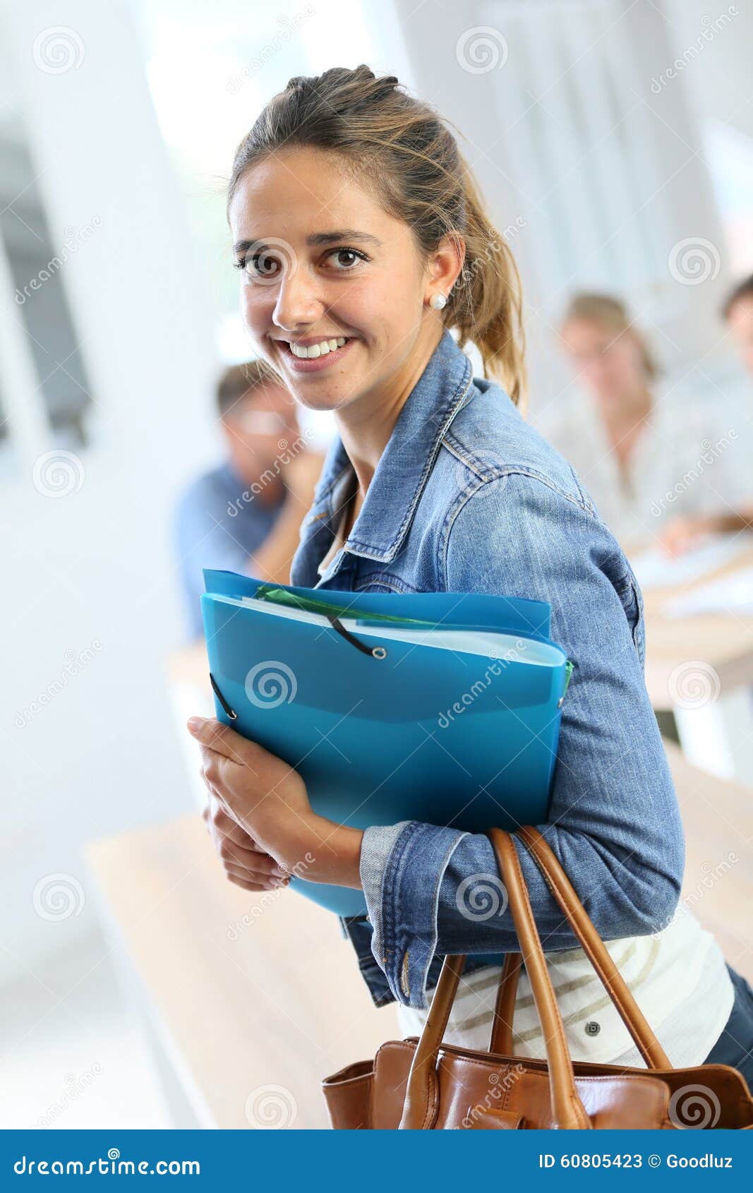 Student Girl Standing in Classroom with Notebooks Stock Image - Image ...