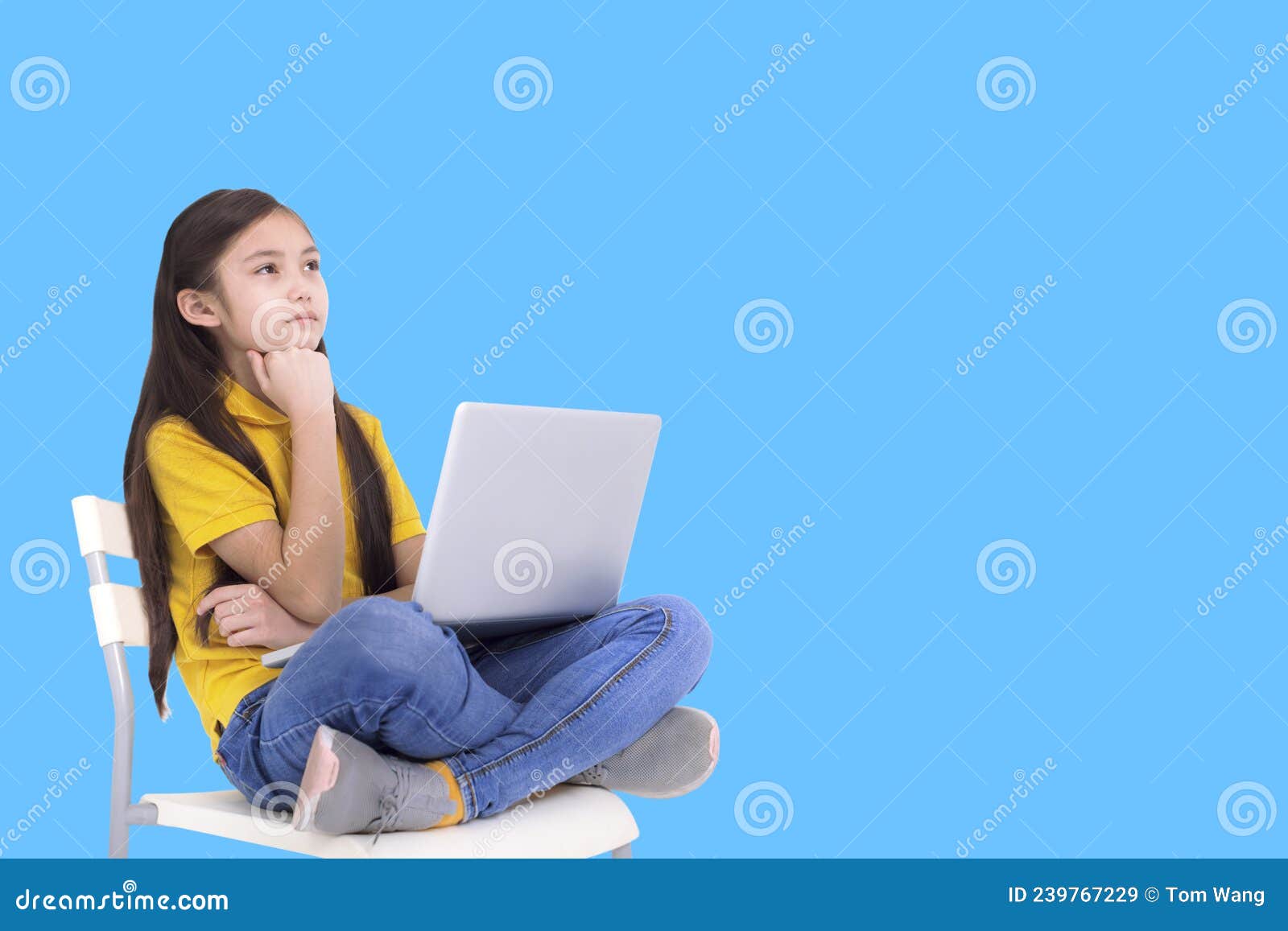 Student Girl Studying with Laptop Computer and Thinking Anout the ...