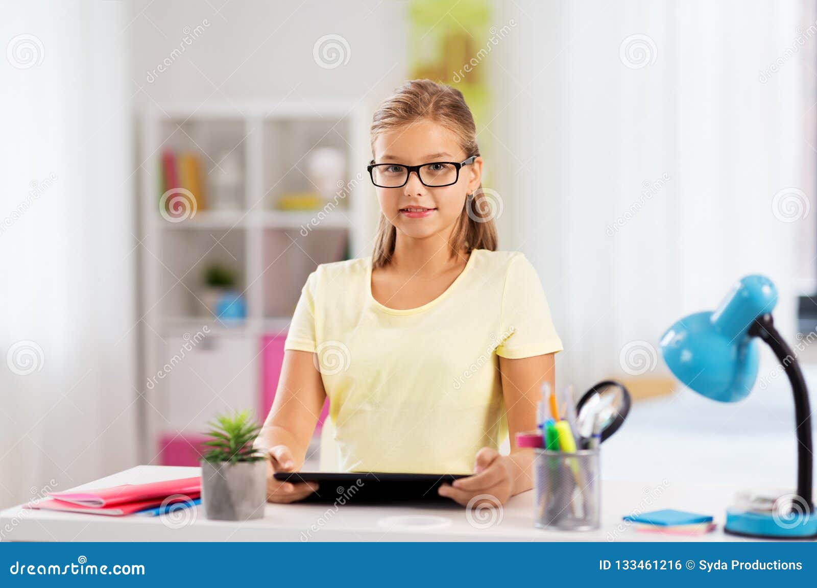 Student Girl with Tablet Computer Doing Homework Stock Photo - Image of ...