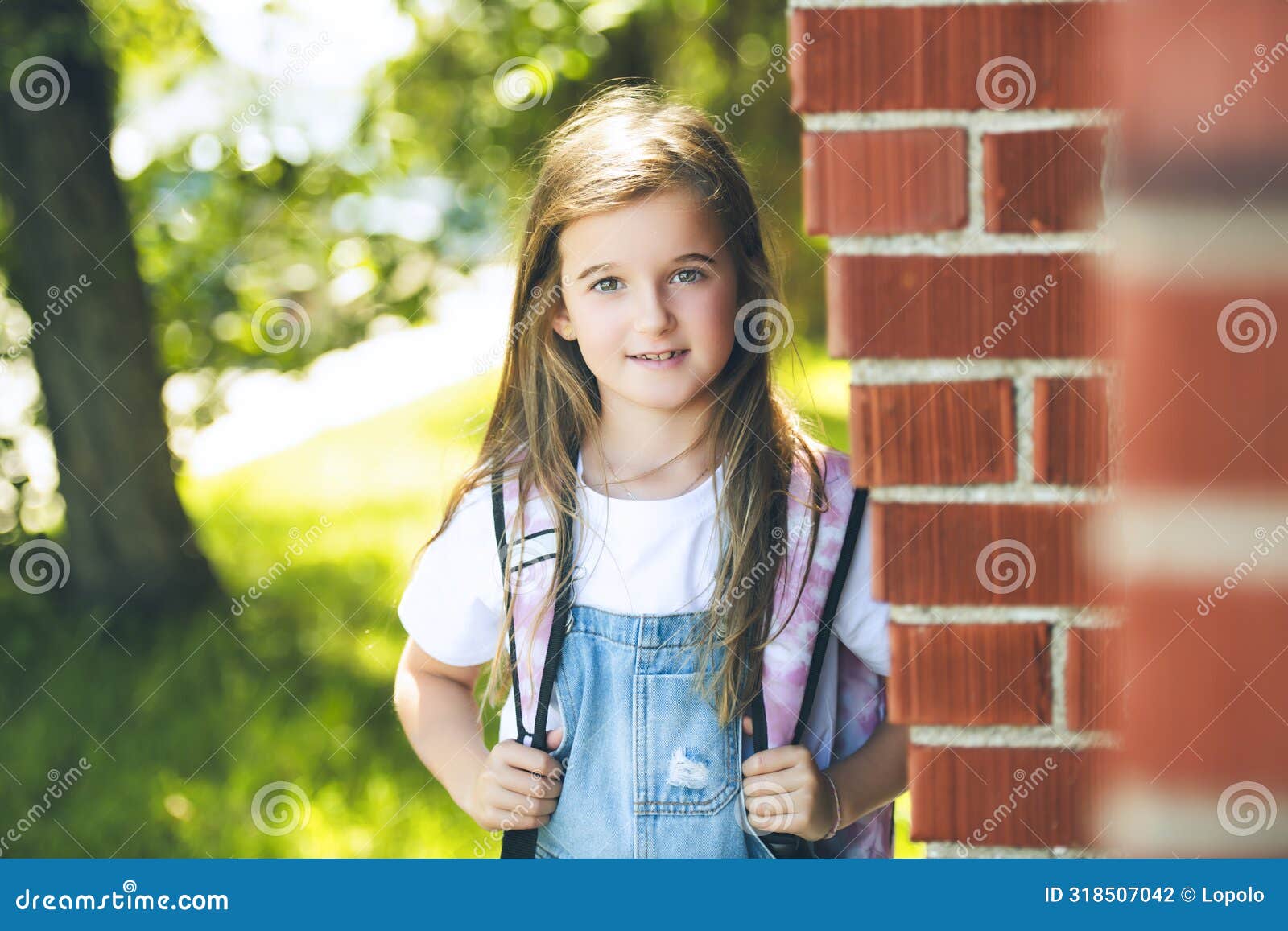 Student Girl Wearing School Backpack Outside of the School Stock Photo ...