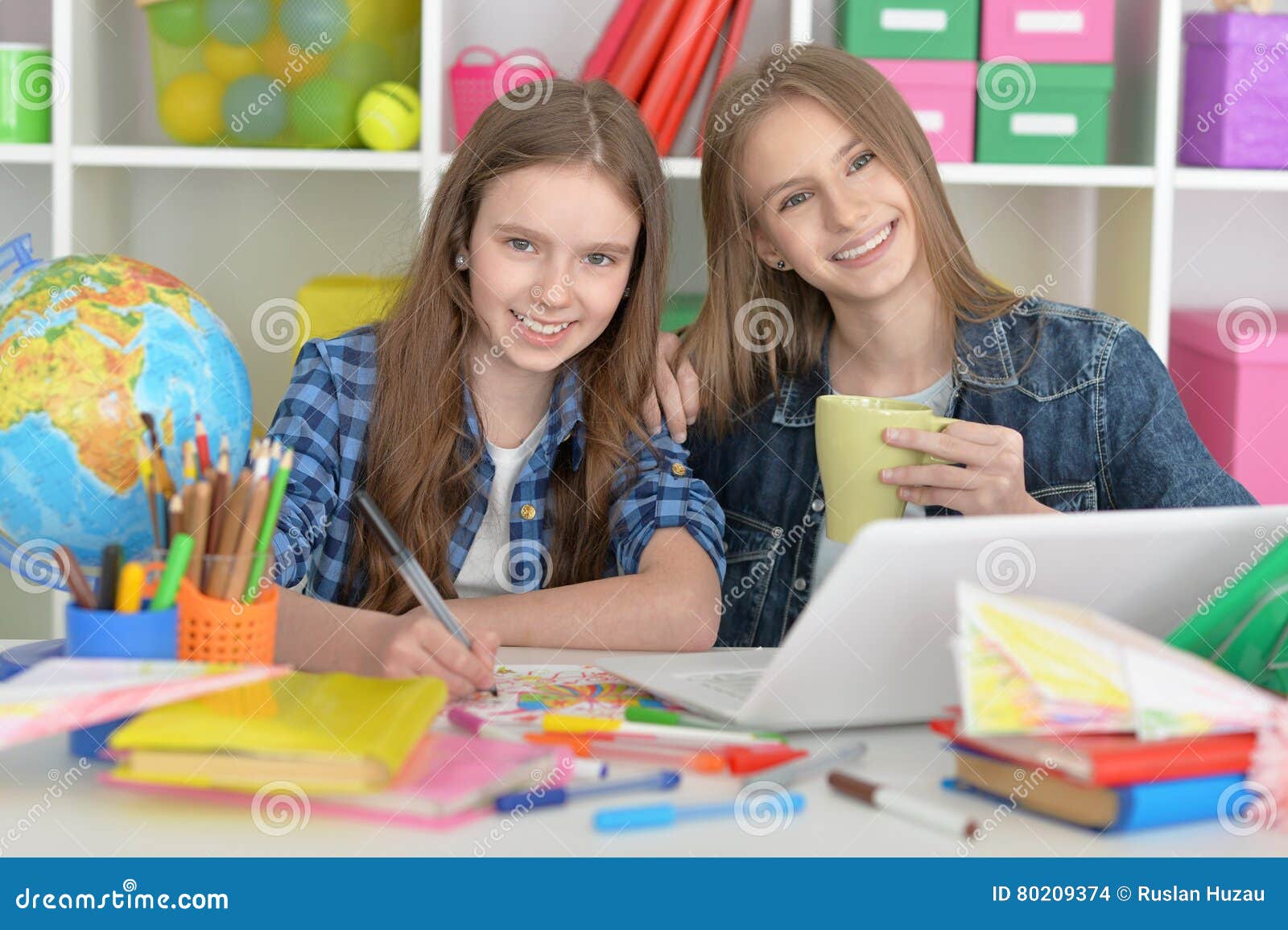 Student Girls at Class with Laptop Stock Photo - Image of desk, kids ...