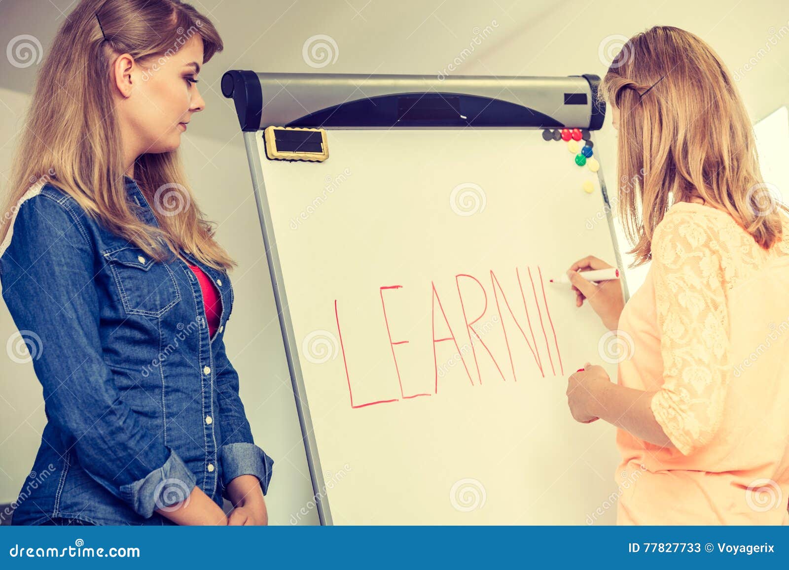 Student Girls Writting Learning Word on Whiteboard Stock Image - Image ...