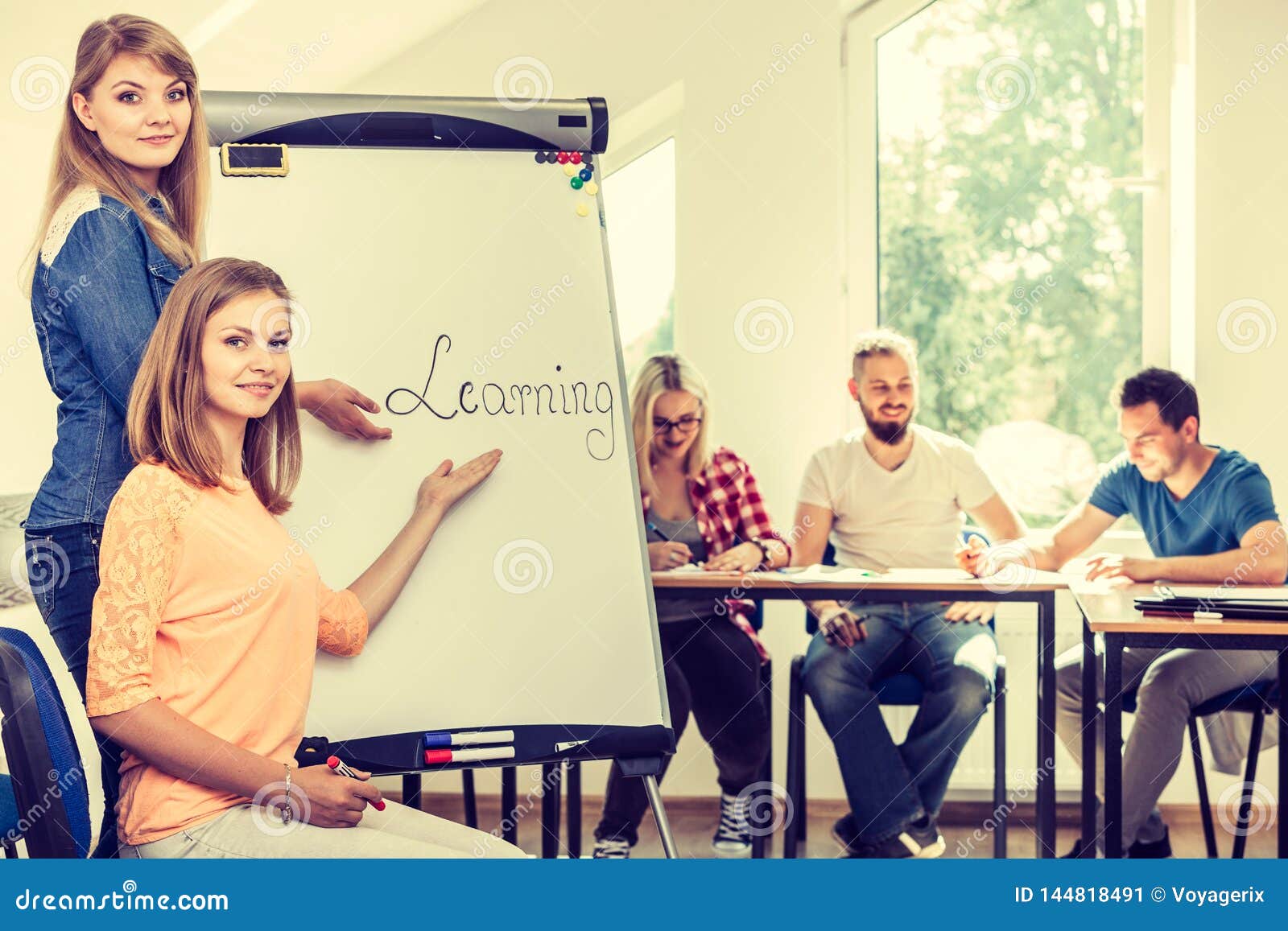 Student Girls Writting Learning Word on Whiteboard Stock Image - Image ...