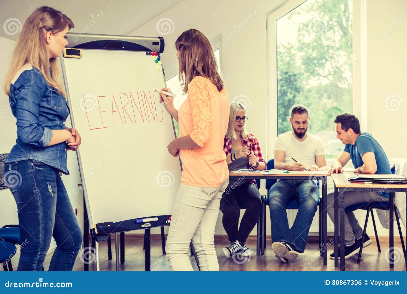 Student Girls Writting Learning Word on Whiteboard Stock Photo - Image ...