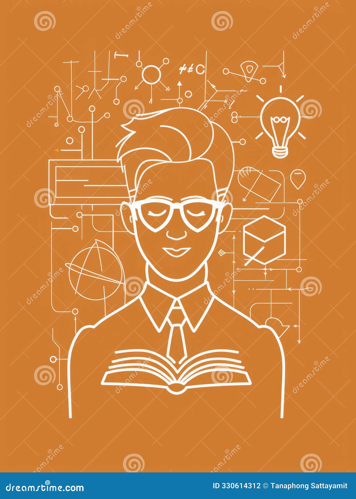 A Student with Glasses and Tie Holding a Book Surrounded by Abstract ...