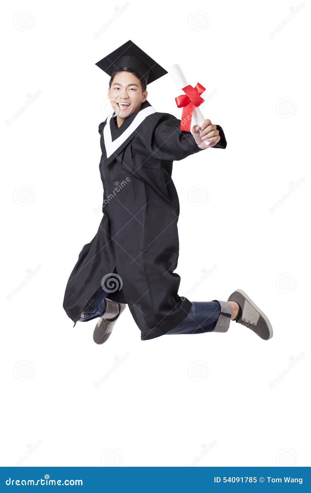 Student in Graduate Robe Jumping Against White Background Stock Image ...