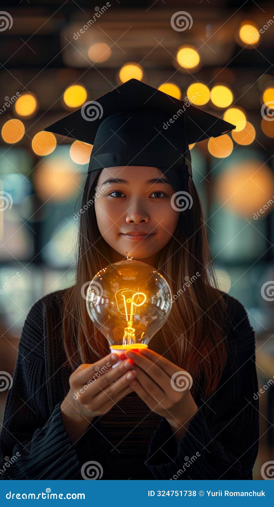 Student in Graduation Attire with Light Bulb Symbolizes E Learning and ...