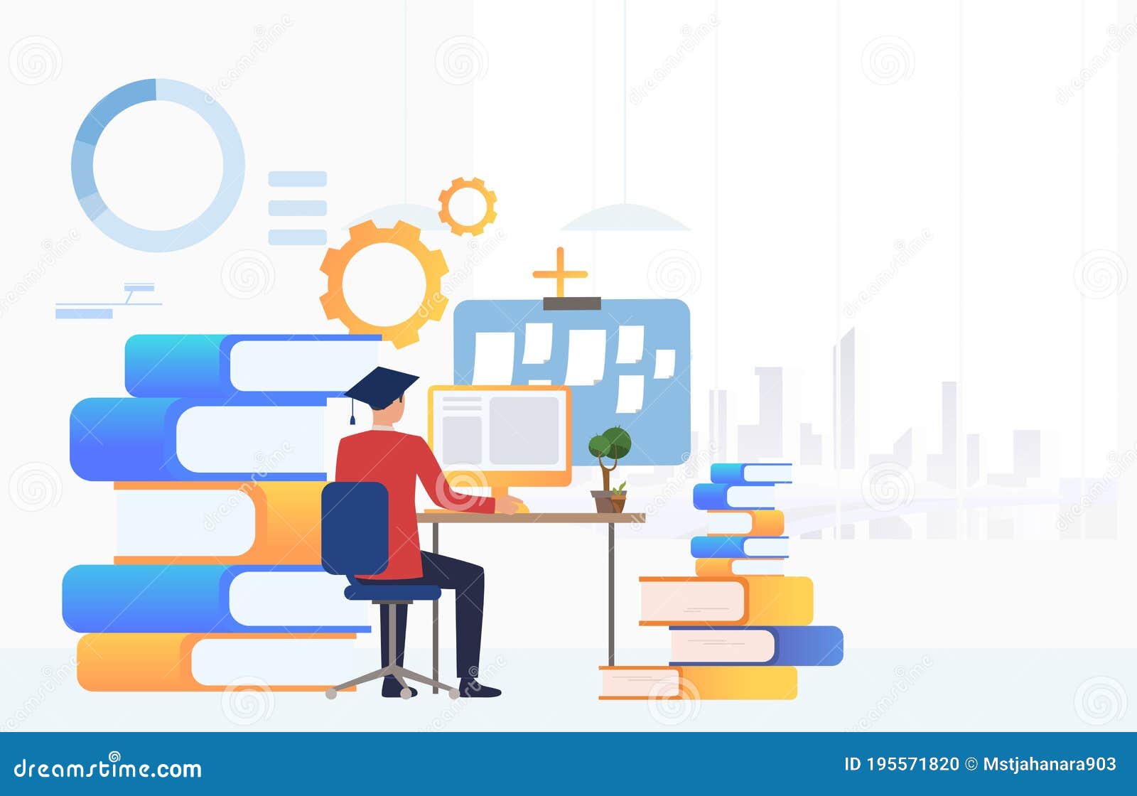 Student in Graduation Cap Using Computer at Desk Stock Vector ...