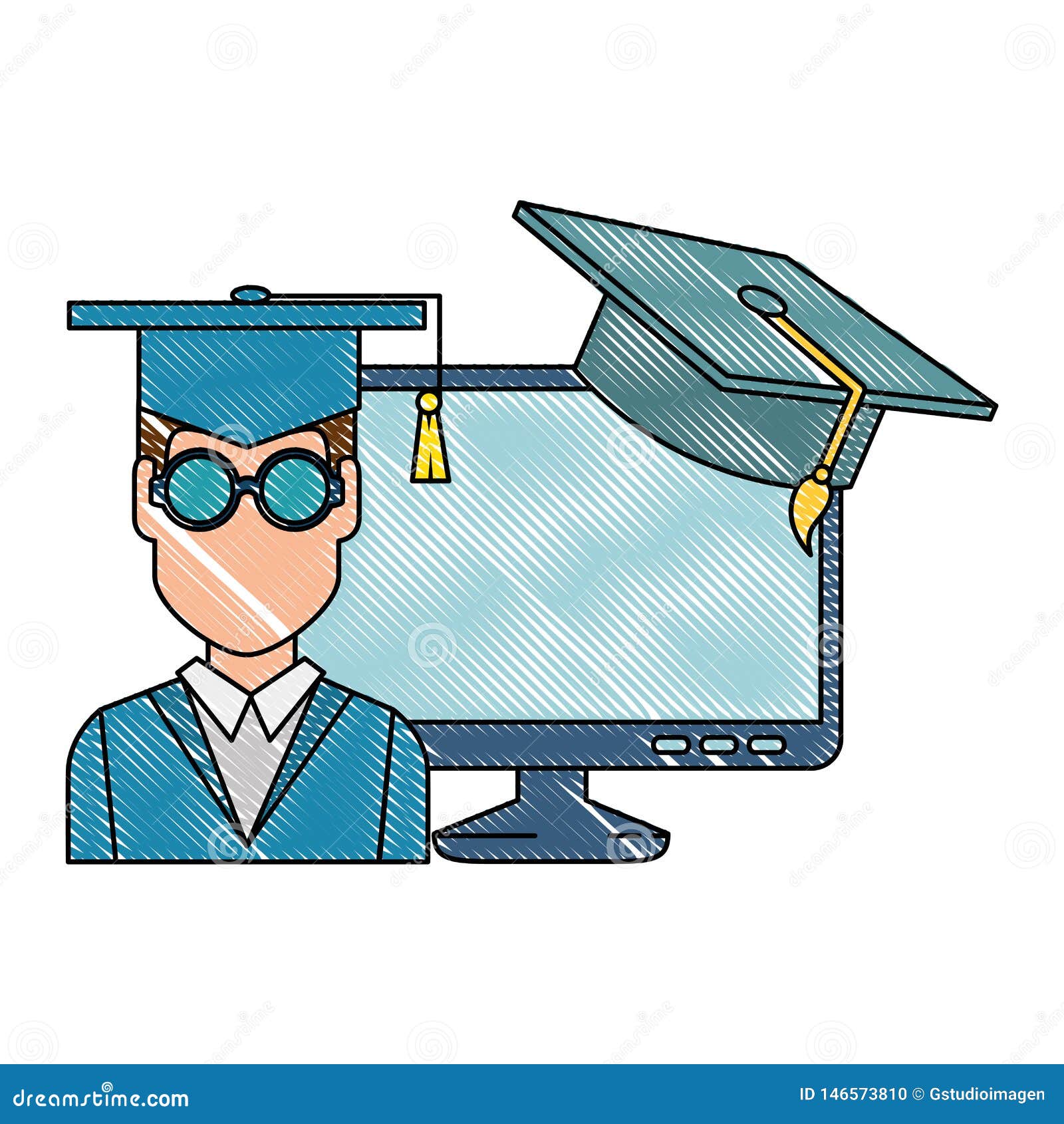 Student Graduation with Computer and Hat Stock Illustration ...