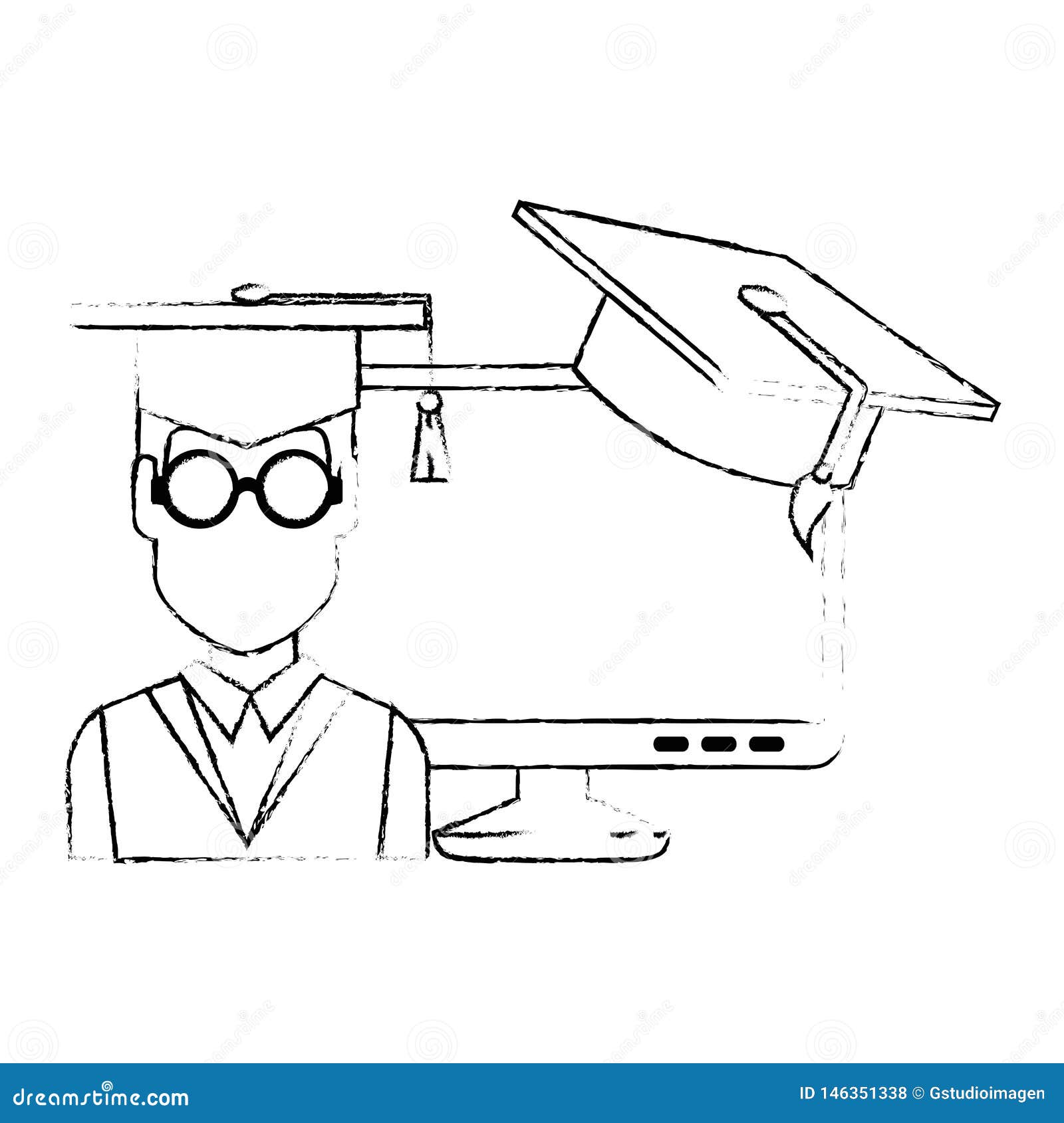 Student Graduation with Computer and Hat Stock Illustration ...