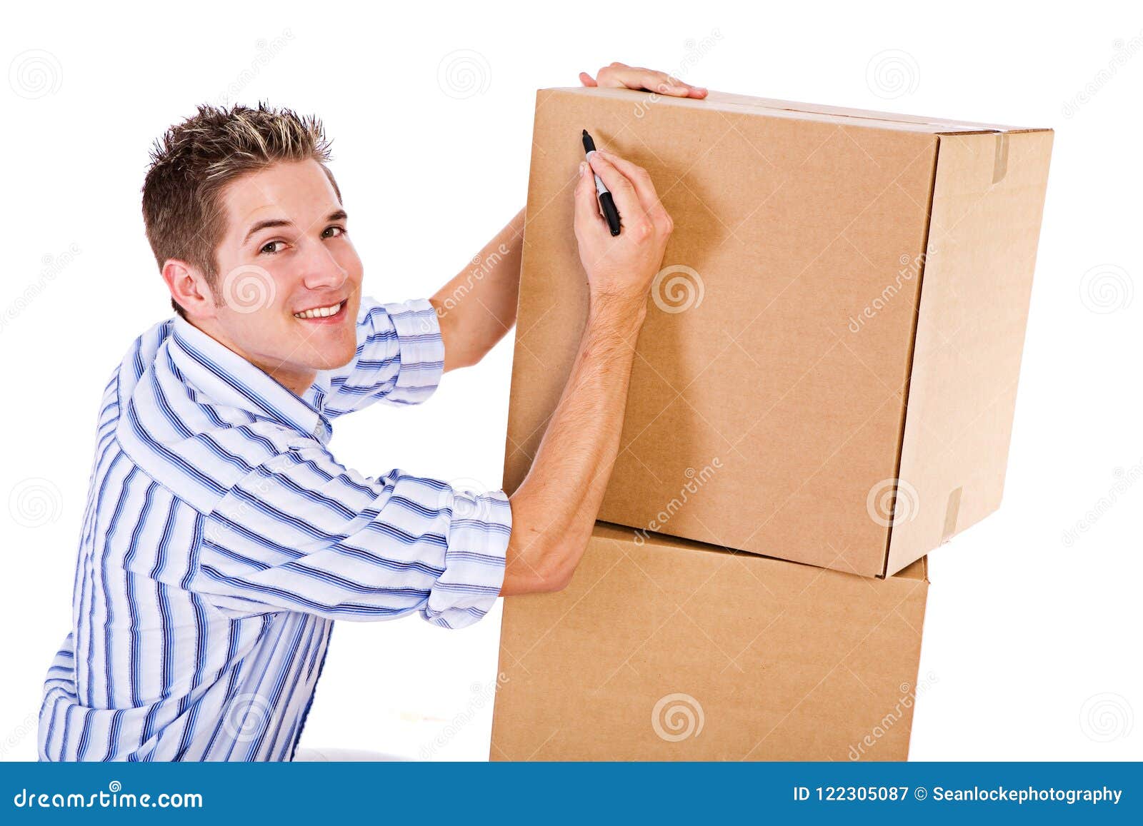 Student: Guy Ready To Write on Cardboard Box Stock Image - Image of ...