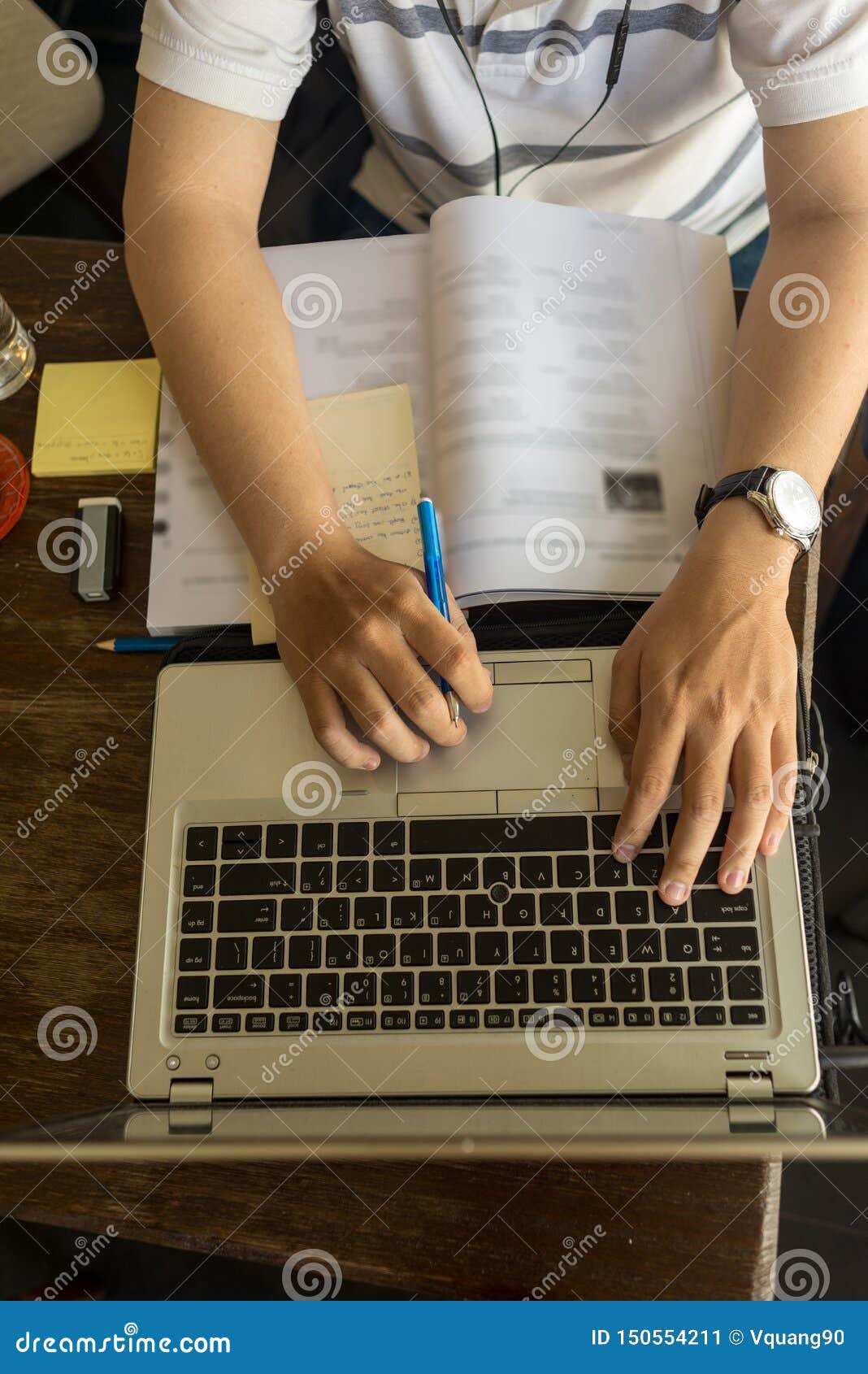 High Angle View of Student Hand Using Laptop while Studying Stock Image ...