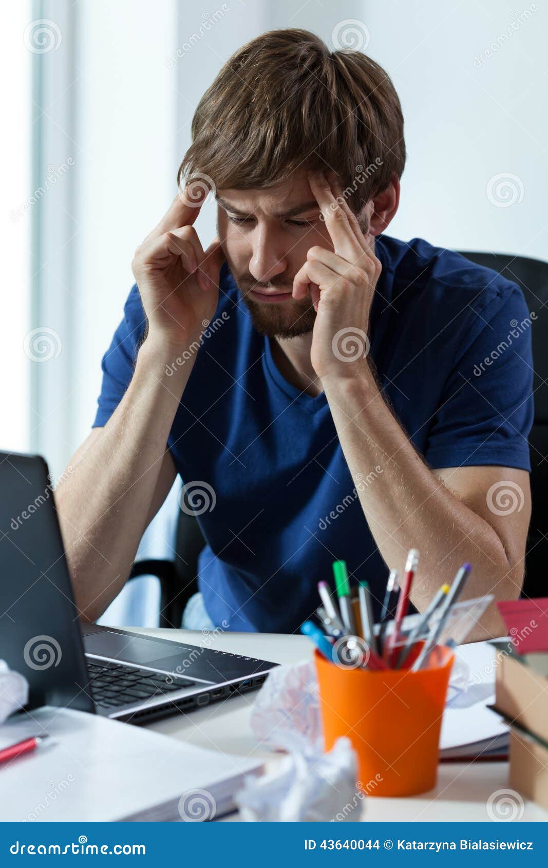 Student with Headache Has To Learn Stock Photo - Image of netbook ...