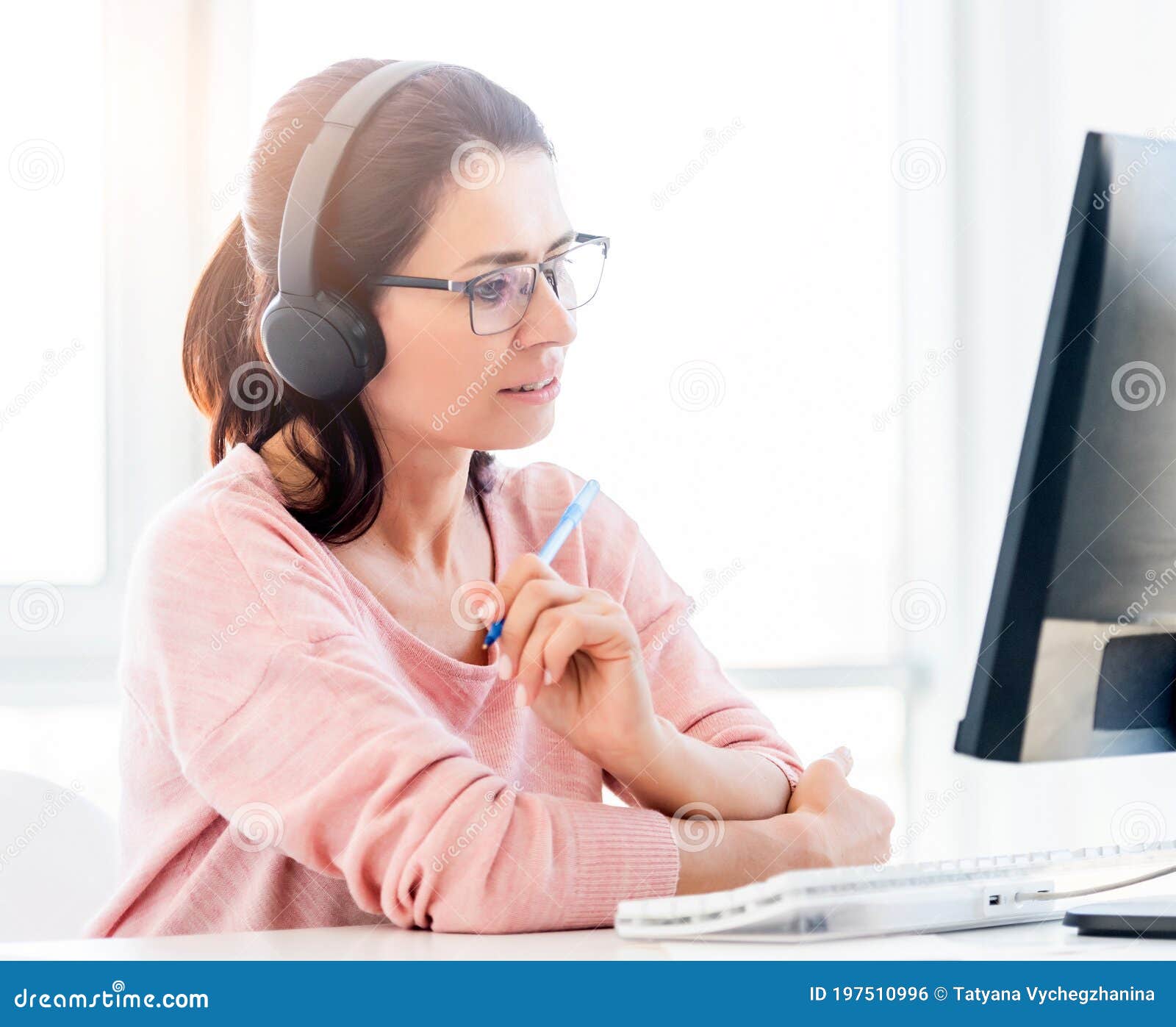 Student in Headphones at Online Lesson Stock Photo - Image of ...