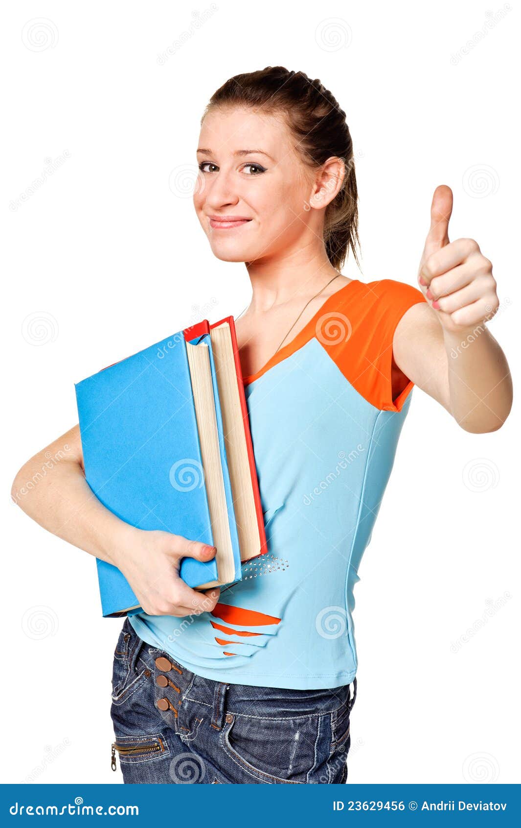 Student with Her Books in Hand Show Thumb-up Stock Photo - Image of ...