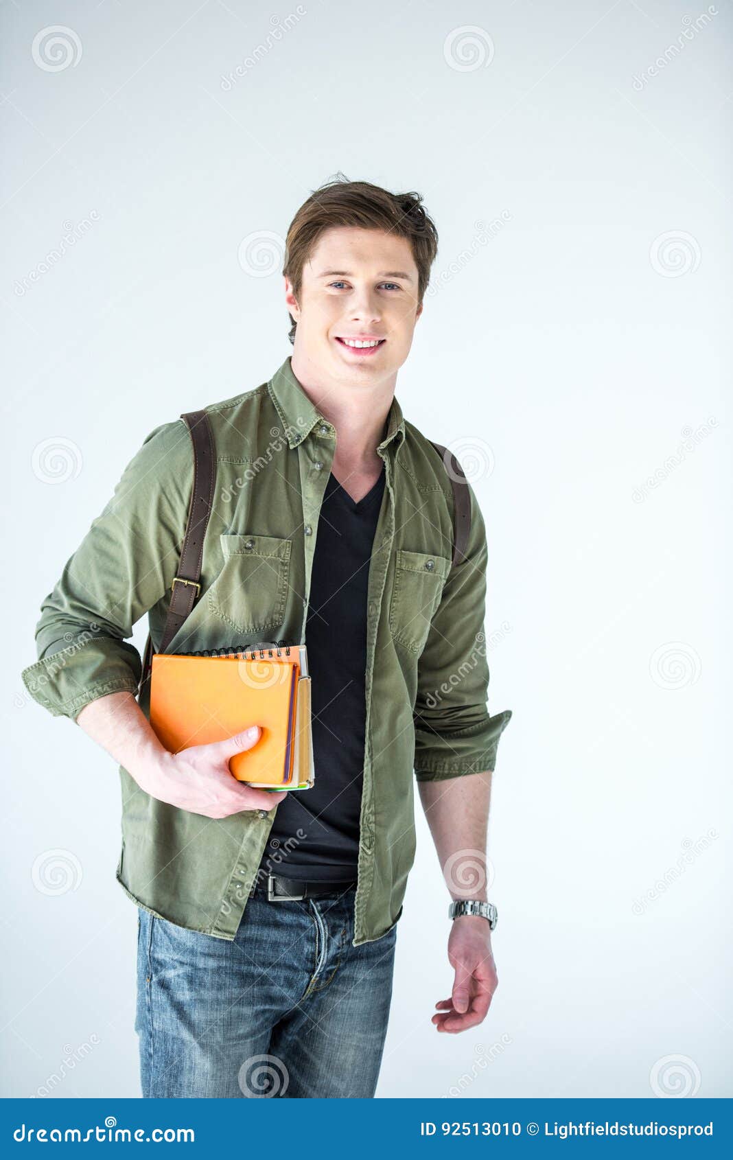 Student Holding Copybooks and Books on White Wth Copy Space Stock Photo ...