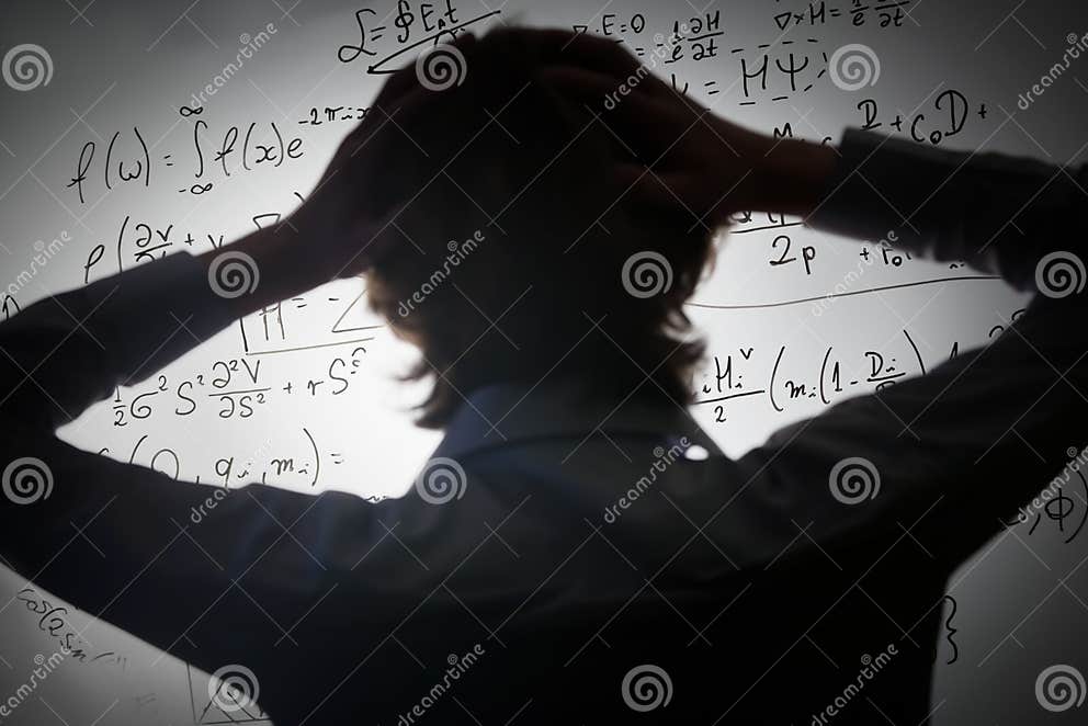 Student Holding His Head Looking at Complex Math Formulas on Whiteboard ...