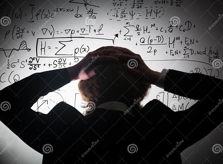 Student Holding His Head Looking at Complex Math Formulas on Whiteboard ...